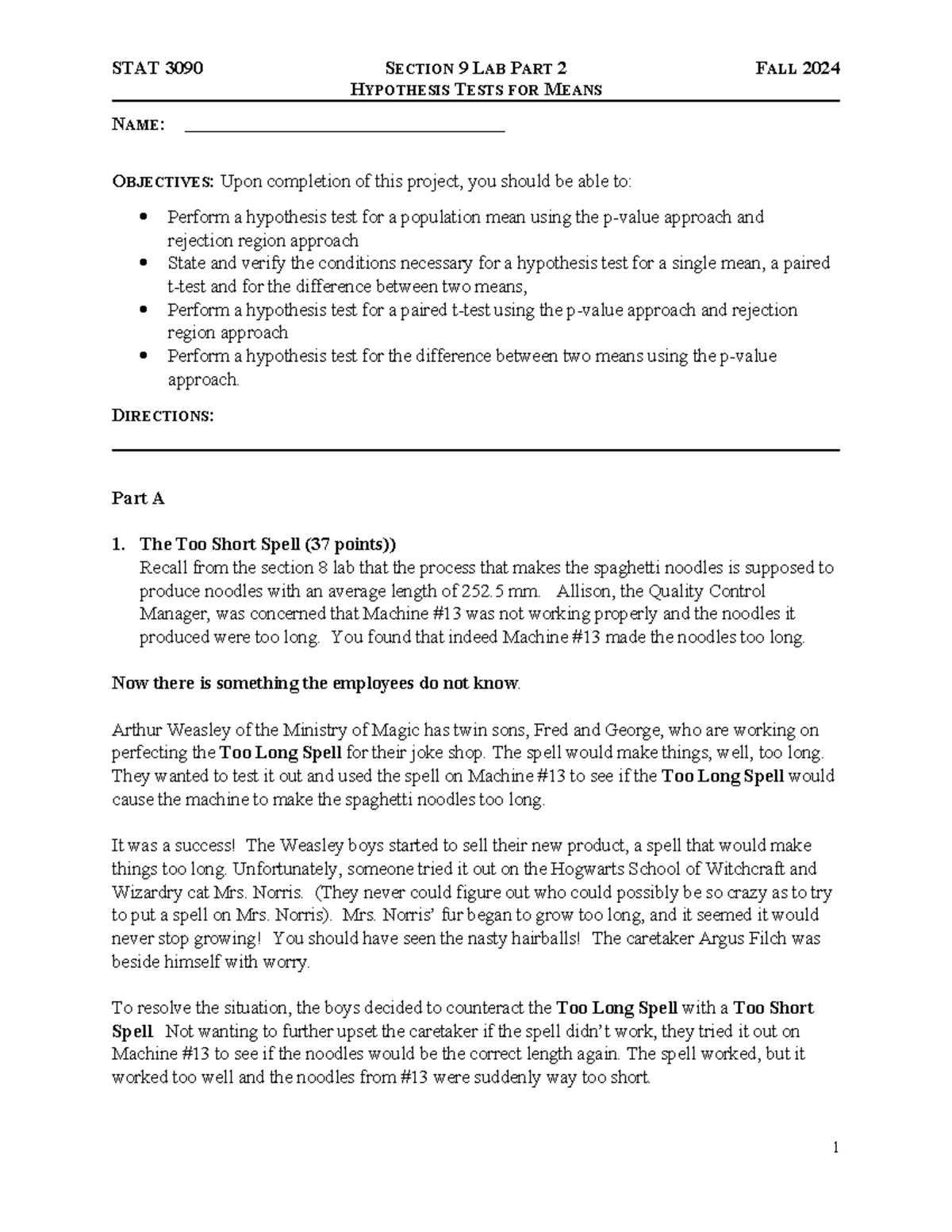 Section 9 Part 2 - stat - HYPOTHESIS TESTS FOR MEANS NAME: OBJECTIVES ...