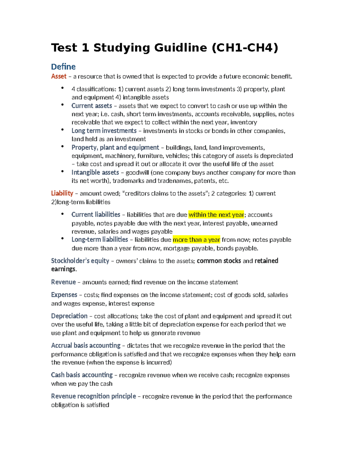 Test 1 Studying Guidline - Test 1 Studying Guidline (CH1-CH4) Define ...