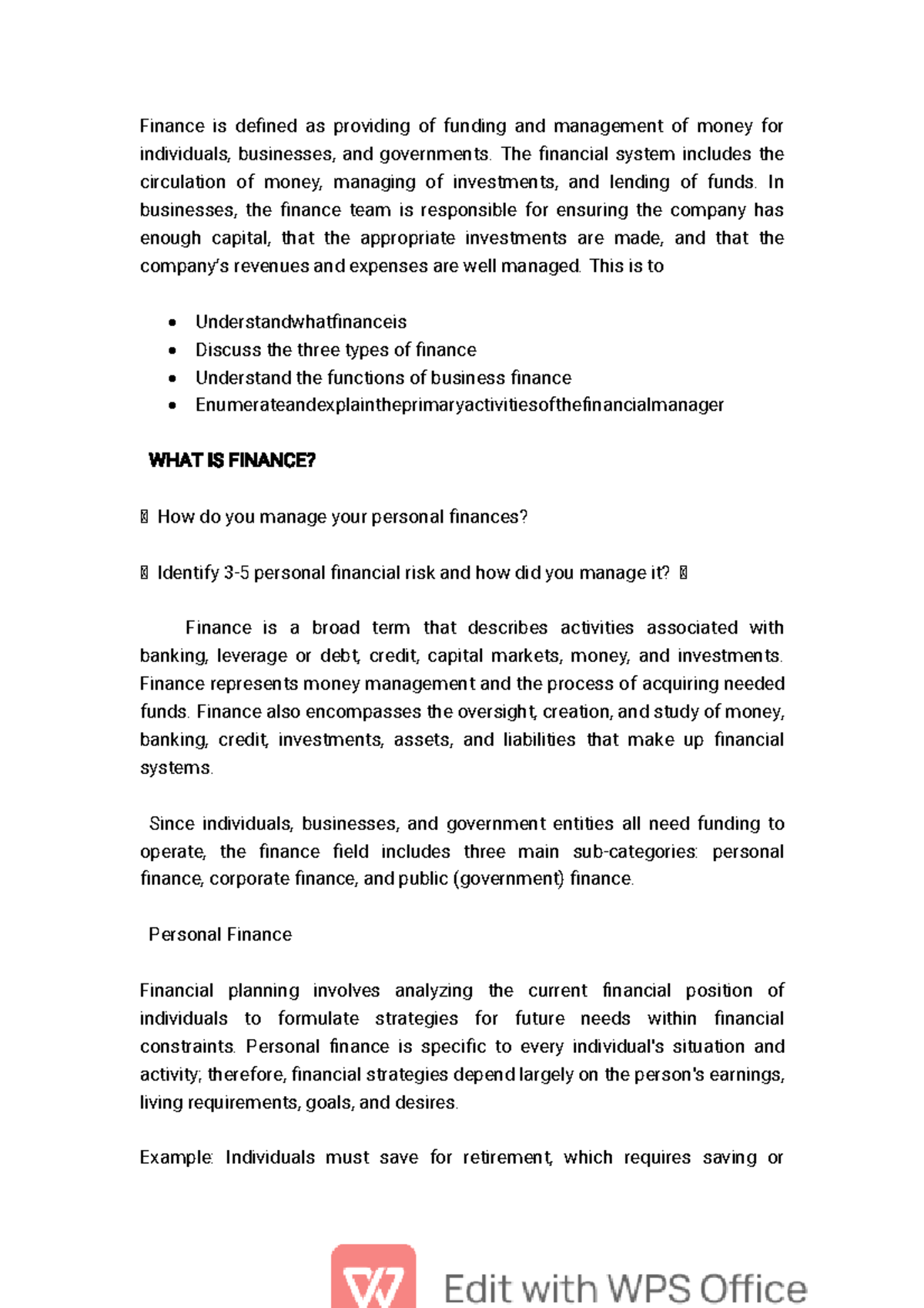 Introduction to Finance - Finance is defined as providing of funding ...