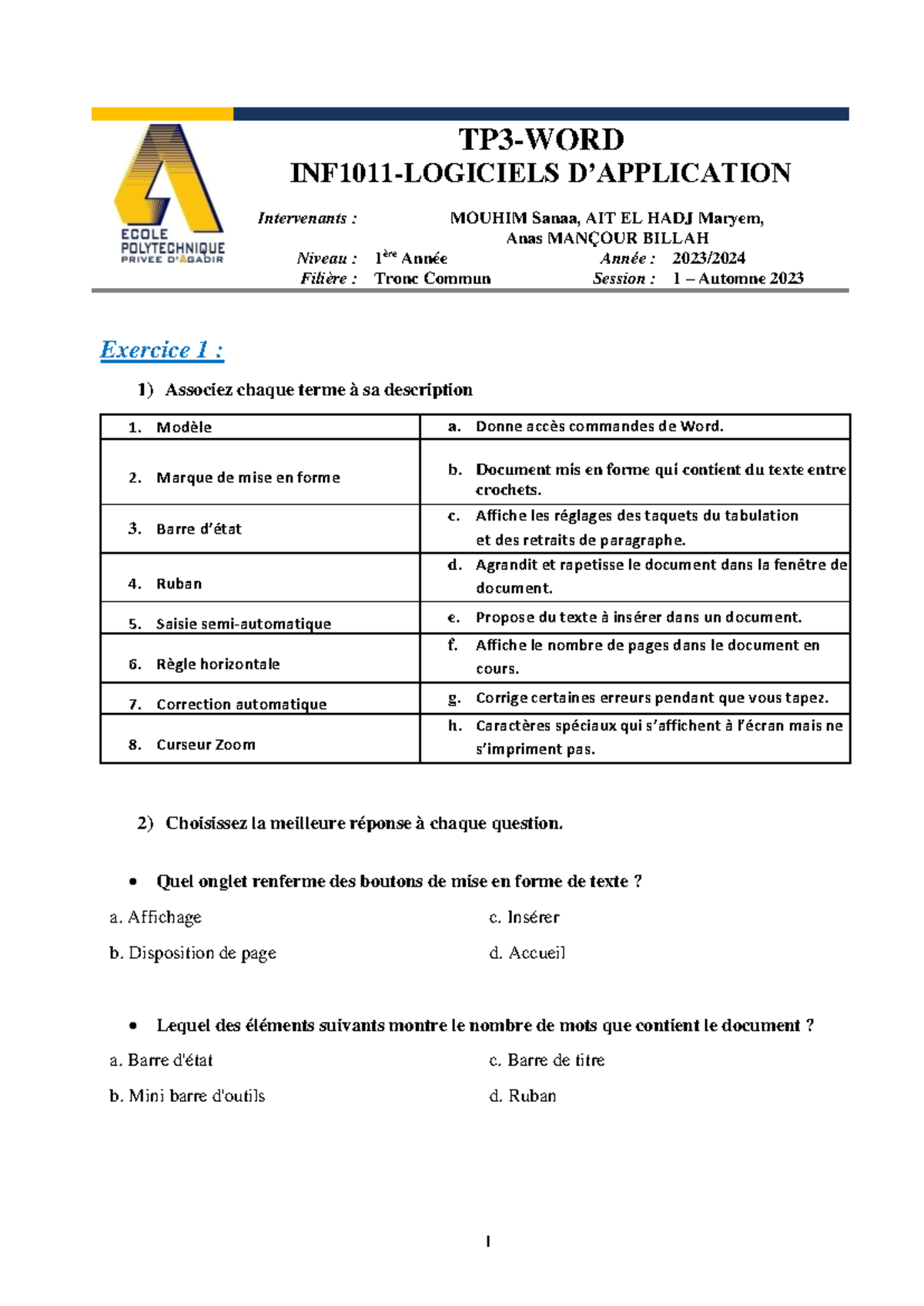TP3 WORD - informatique - 1 TP 3 - WORD INF1 011 - LOGICIELS D’APPLICATION Intervenants : MOUHIM ...