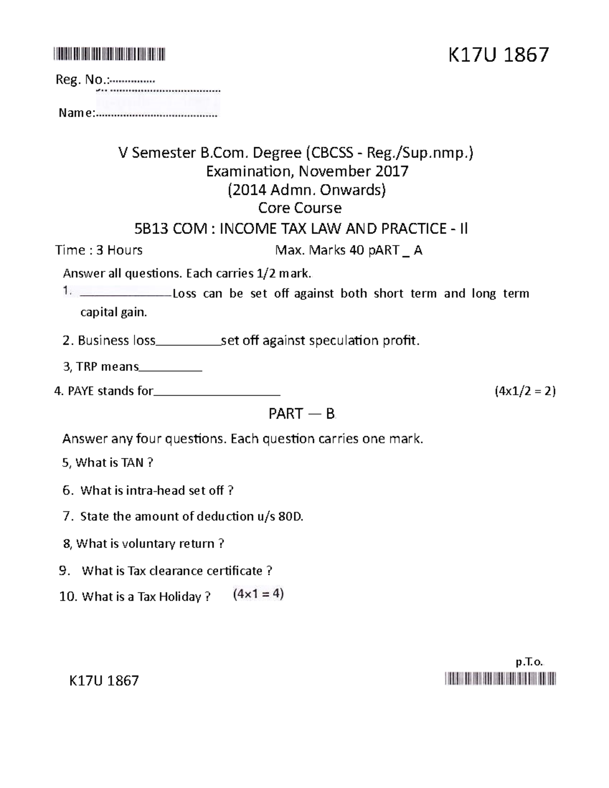 Income tax and practice 2017 - K17U 1867 Reg. No.: Name: V Semester B ...
