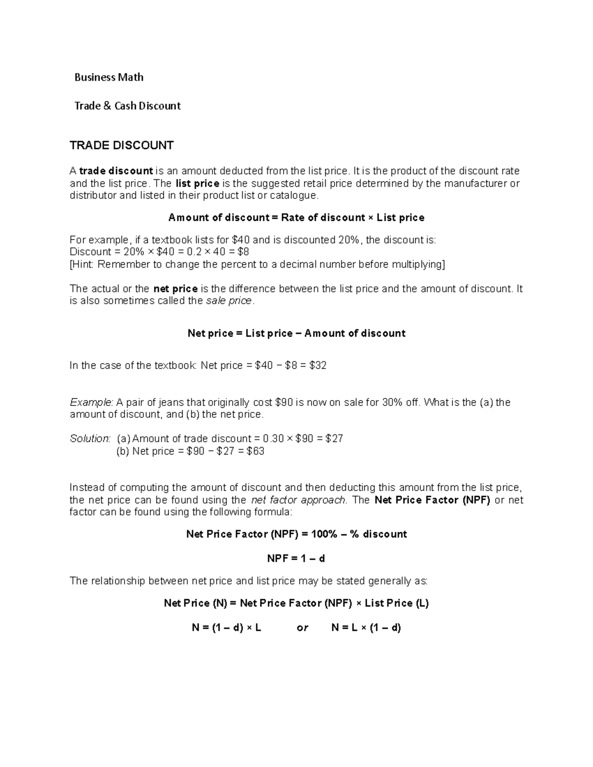 Business Math Trade Cash Discount - Studocu