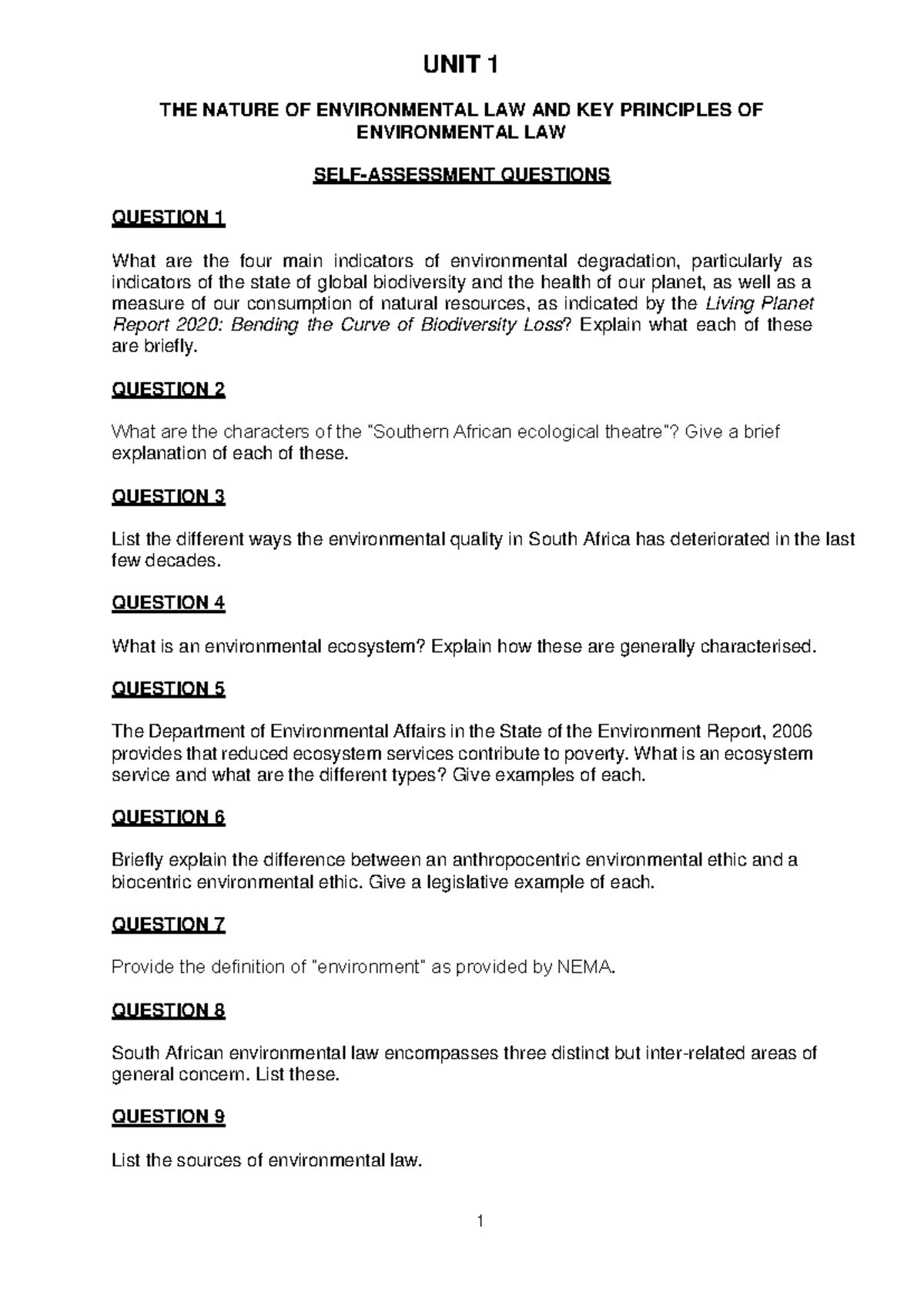UNIT 1 - SELF- Assessment Questions - 1 UNIT 1 THE NATURE OF ...