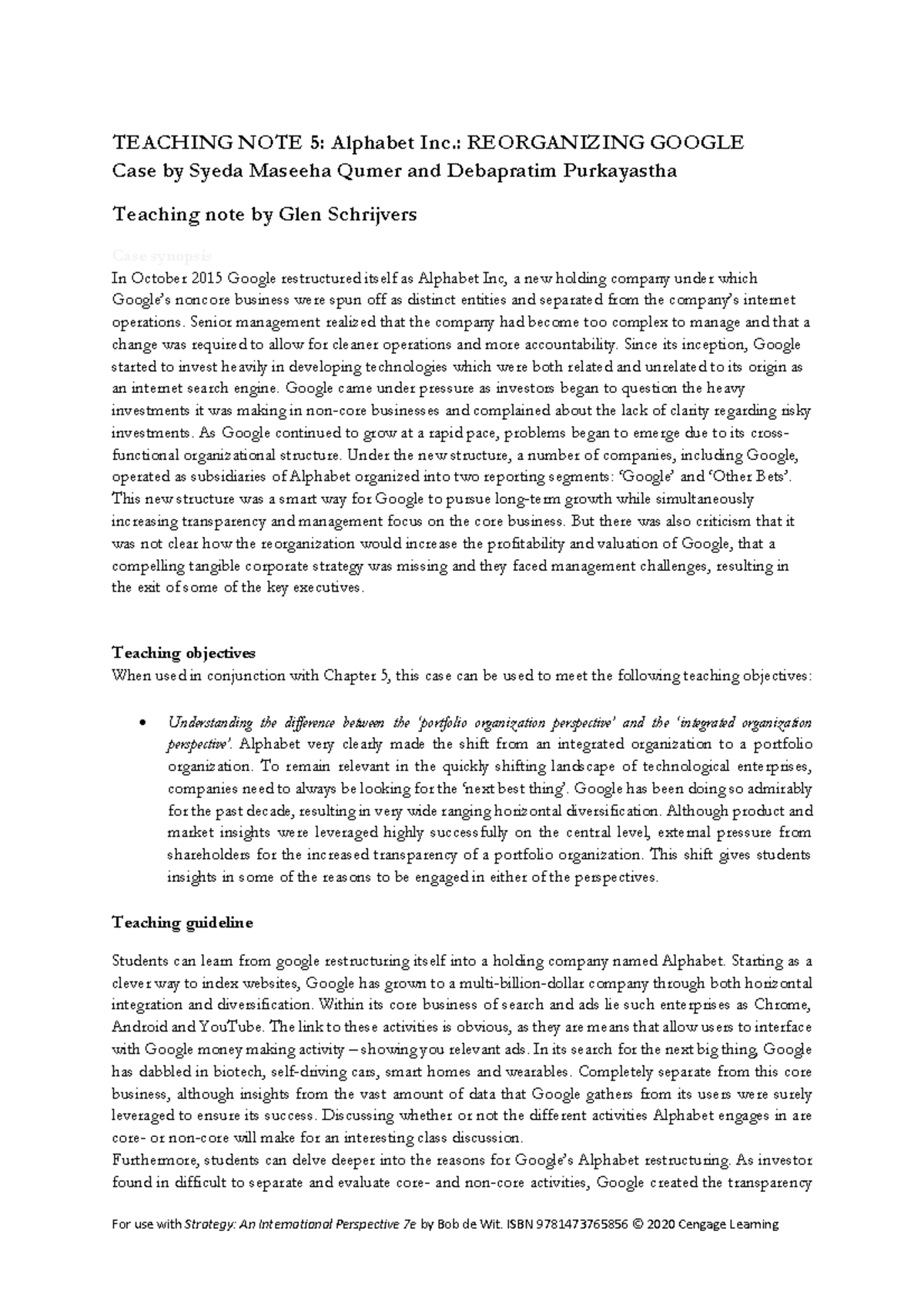 Case Study Teaching Note Module 2 Alphabet - MSc Management - Studocu