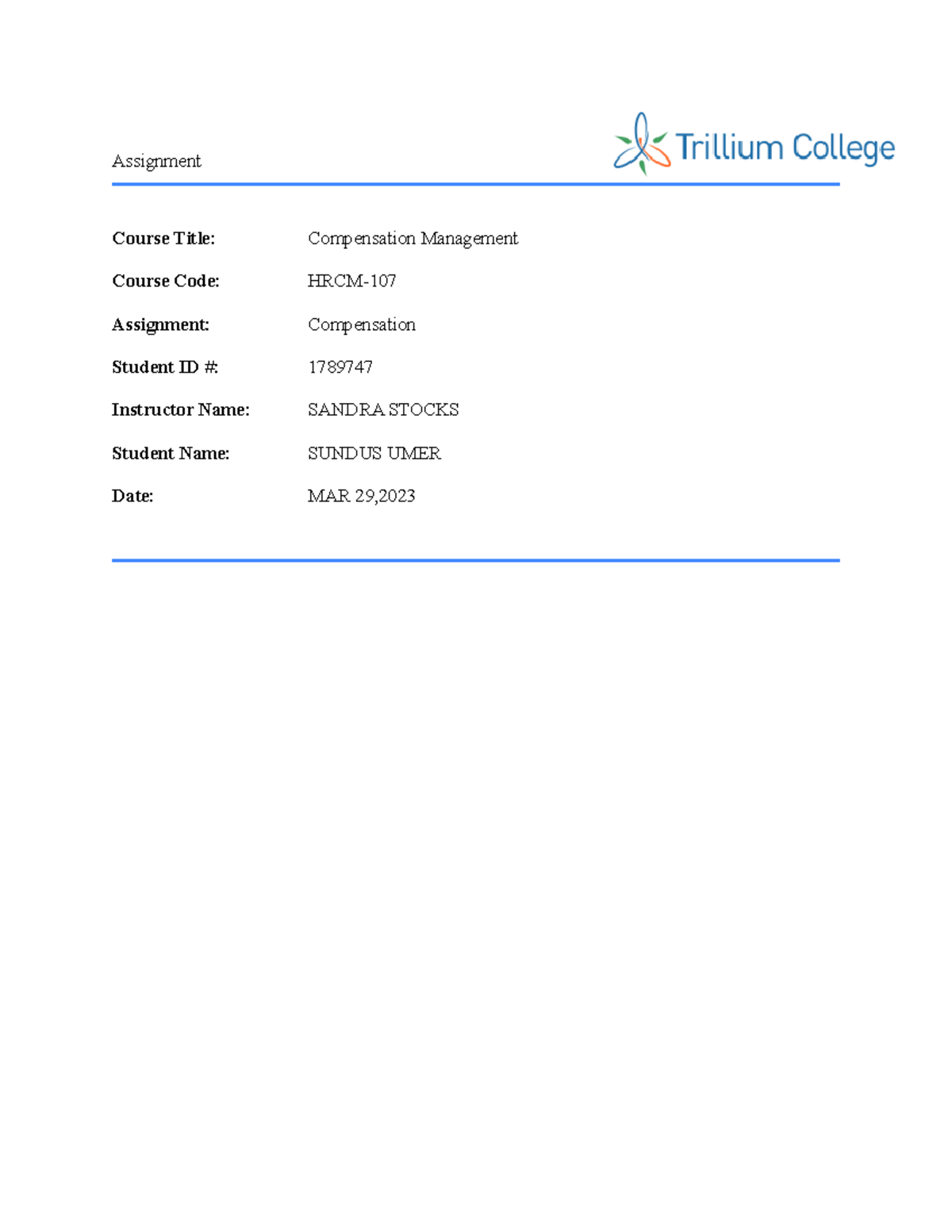 Umer Sundus compensation assignment - Assignment Course Title: Compensation Management Course ...