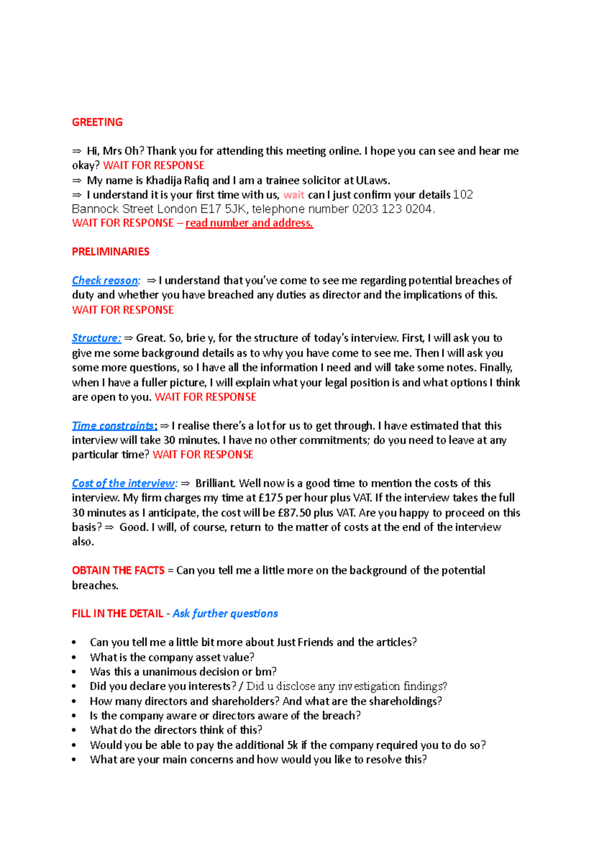 Int adv mock - Mock structure - GREETING Hi, Mrs Oh? Thank you for ...