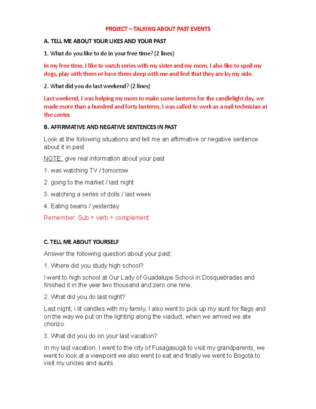 Project Describing my past (basic) - PROJECT – TALKING ABOUT PAST ...