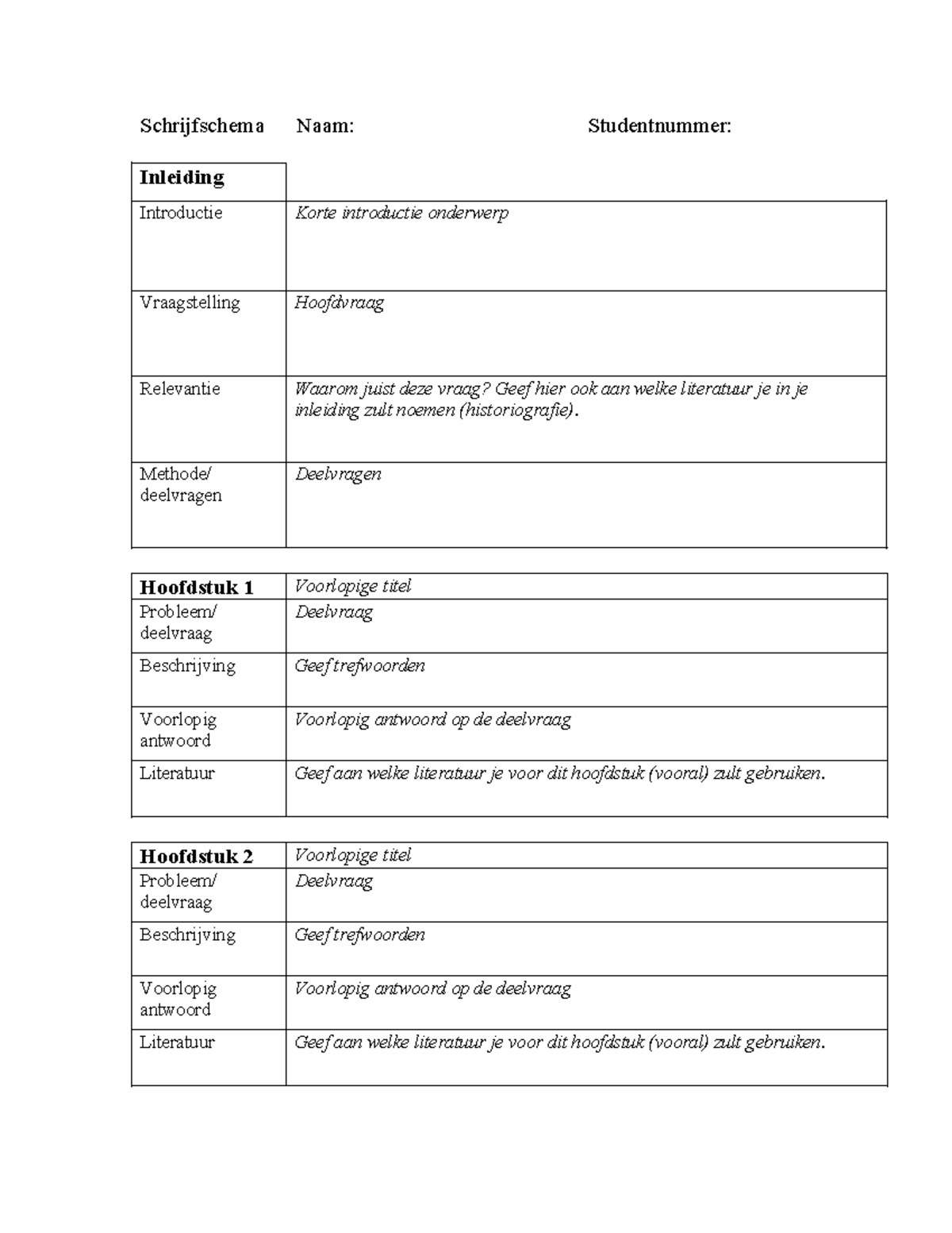 Leeg Schrijfschema - Schrijfschema Naam: Studentnummer: Inleiding ...