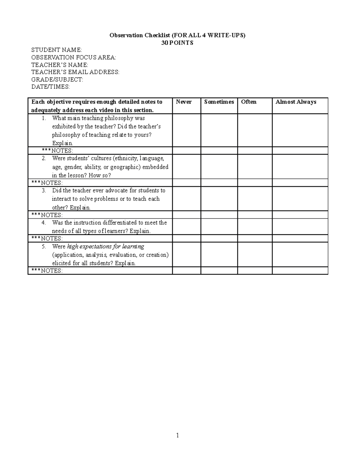Classroom Observation Checklist FALL 2021-1 - Observation Checklist ...
