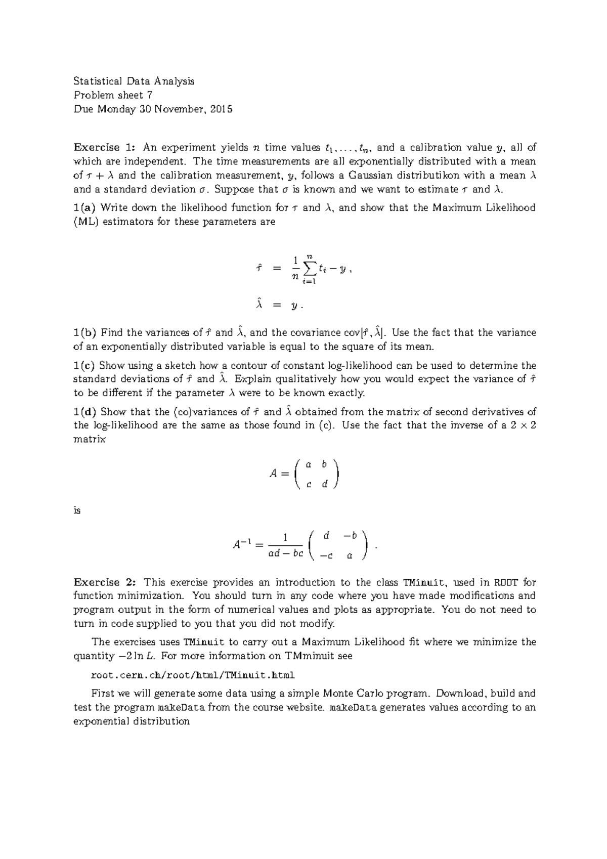 Seminar Assignments Problem Sheet 7 Statistical Data Analysis Problem Sheet 7 Due Monday 30