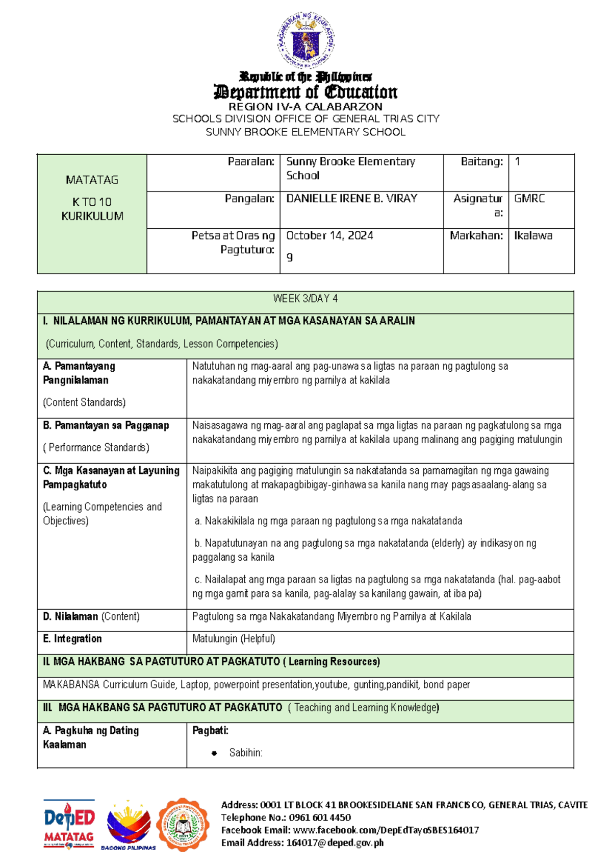GMRC WEEK 4 DAY 1 - Lesson plan - Address: 0001 LT BLOCK 41 ...