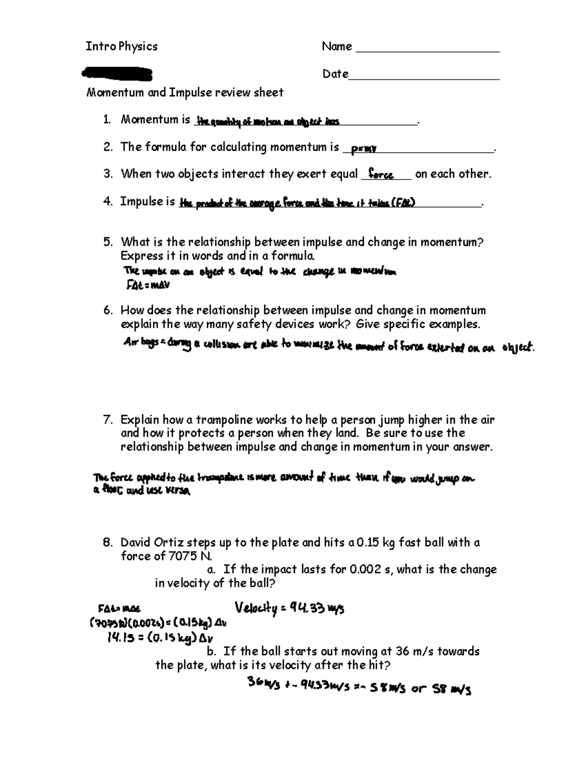 Momentum and Impulse Review Sheet ...