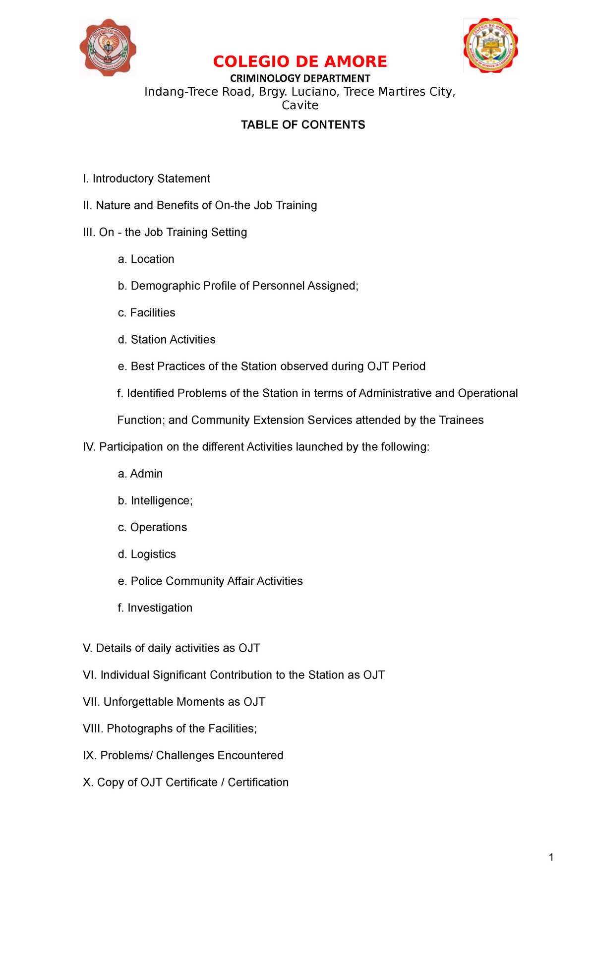 Narrative Report for Criminology EXAMPLE - TABLE OF CONTENTS I ...
