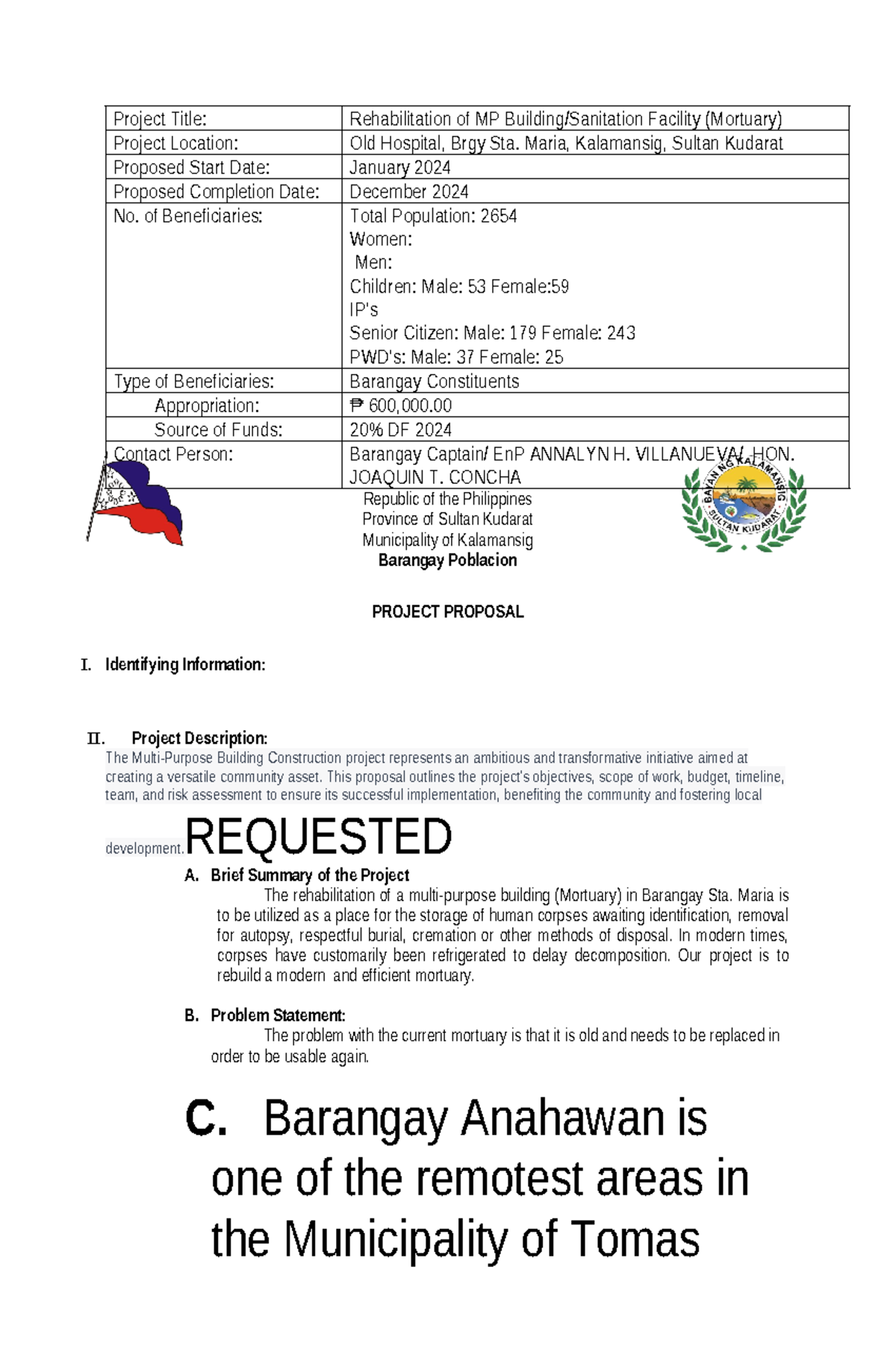 Mortuary - project proposal - Project Title: Rehabilitation of MP ...