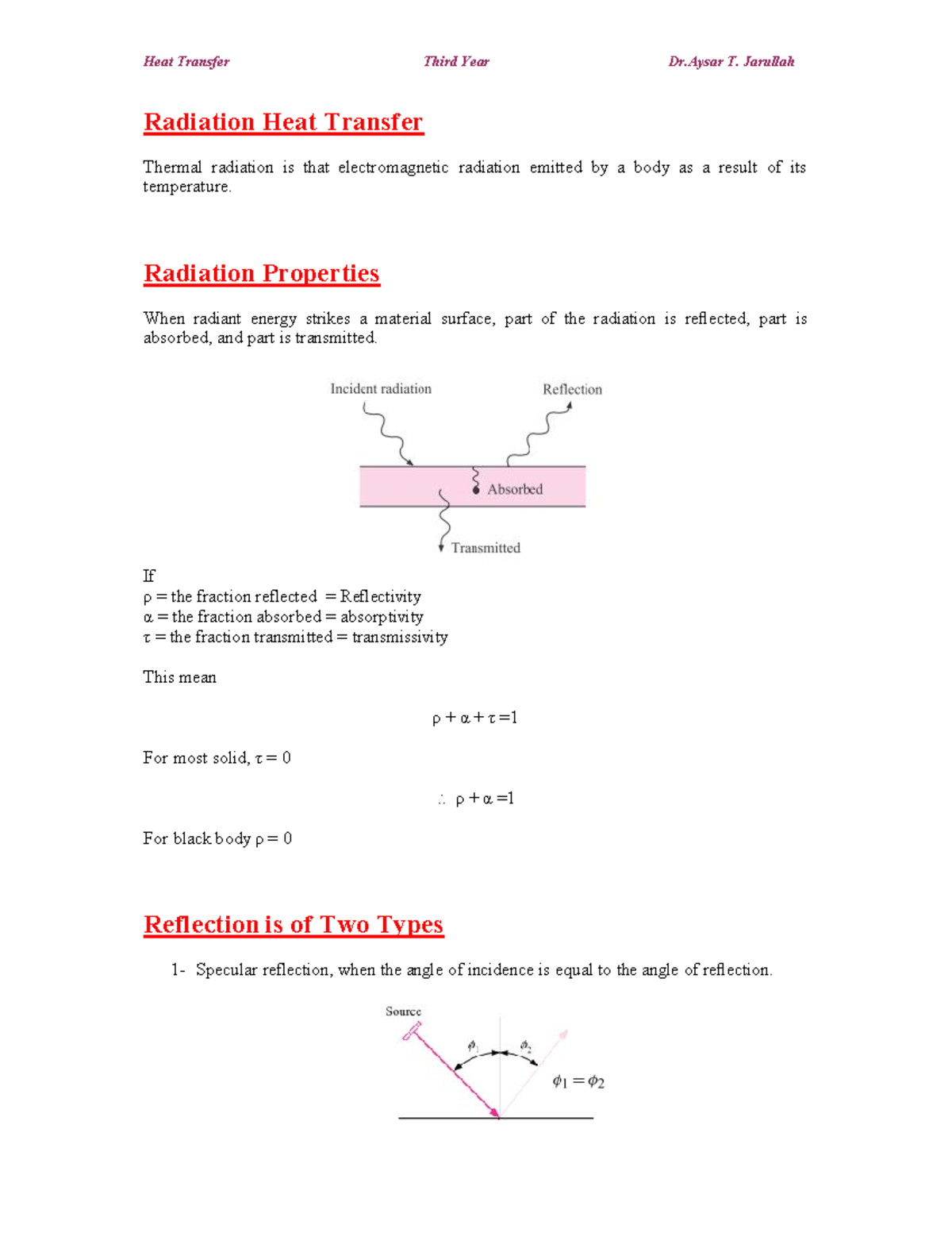 Lec24 - Heat Transfer Third Year Dr T. Jarullah Radiation Heat Transfer ...