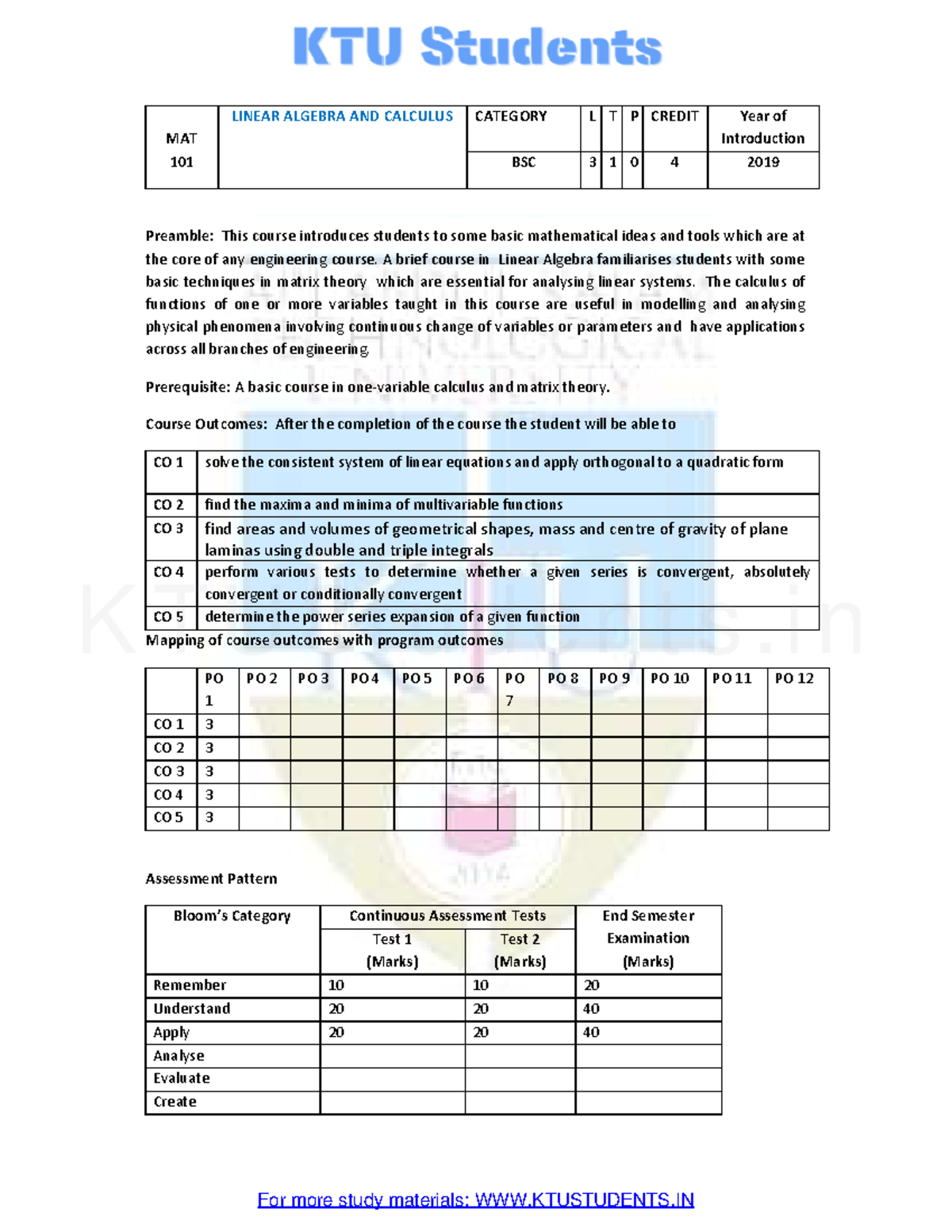 Linear algebra-and-calculus-2019-syllabus-ktustudents - MAT 101 LINEAR ...