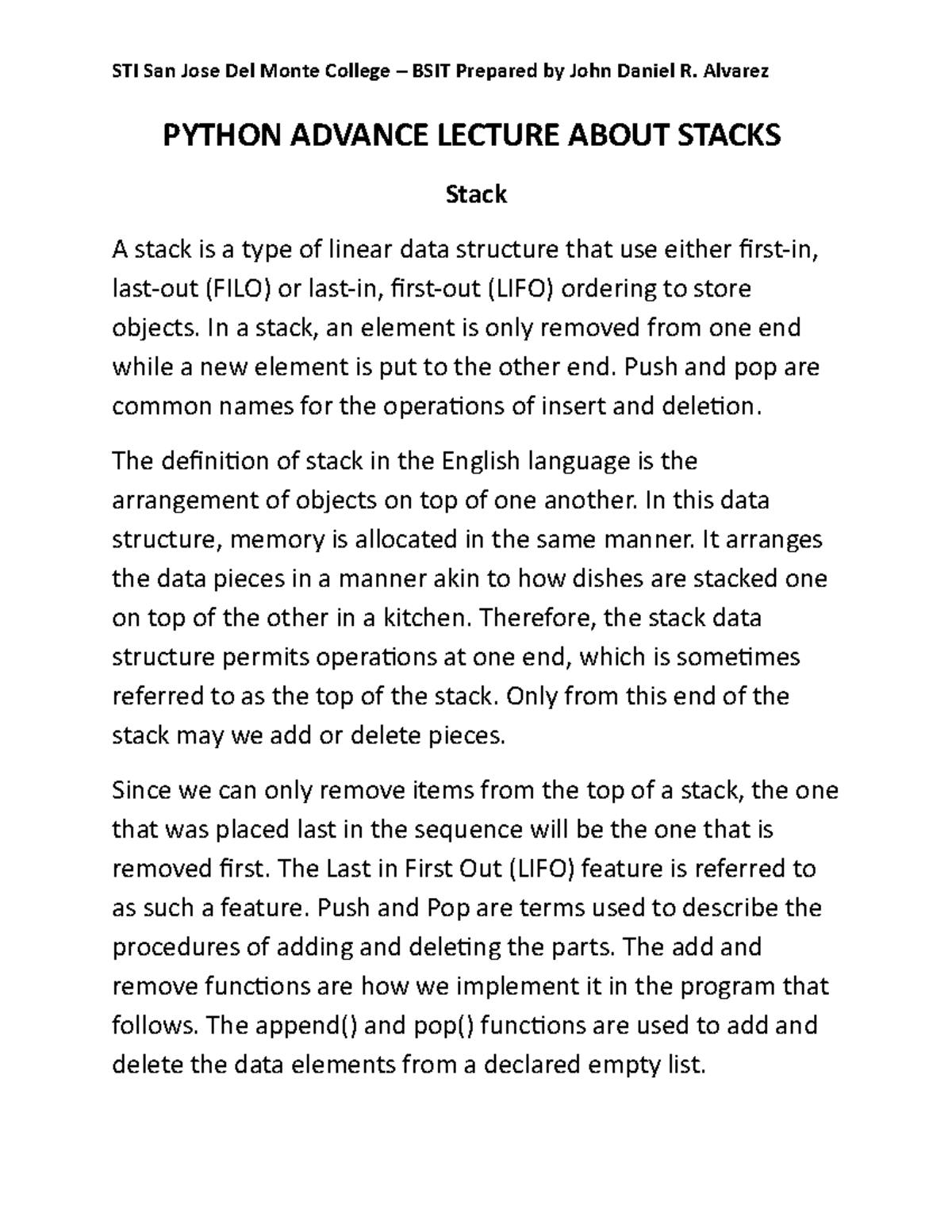 Python Advance Lecture about Stacks - PYTHON ADVANCE LECTURE ABOUT ...