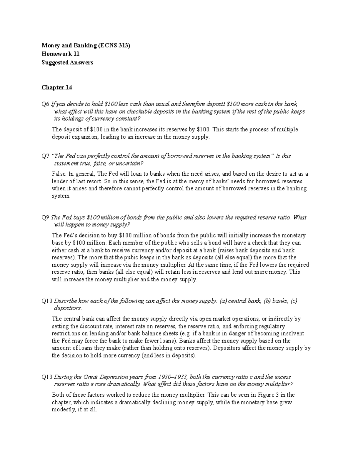 HW11 - key answers - Money and Banking (ECNS 313) Homework 11 Suggested ...
