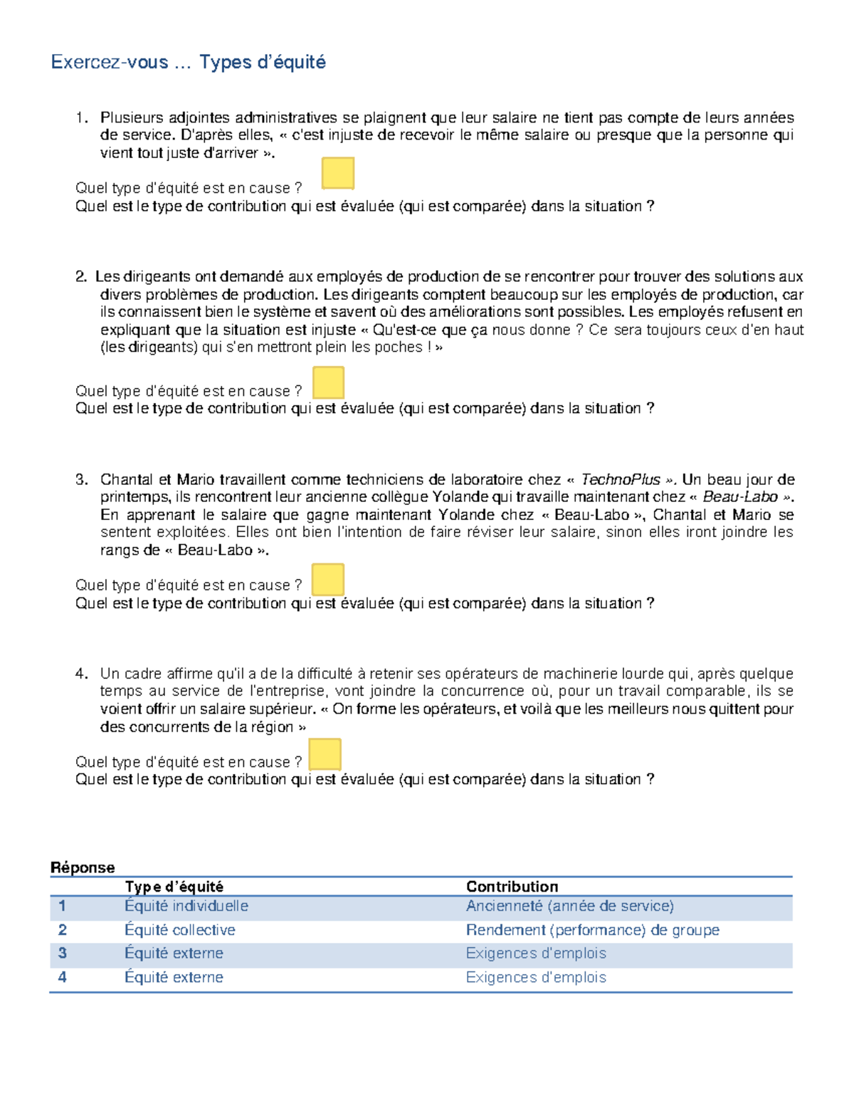 REI2215 Exercice Types Équité - Exercez-vous ... Types d’équité ...