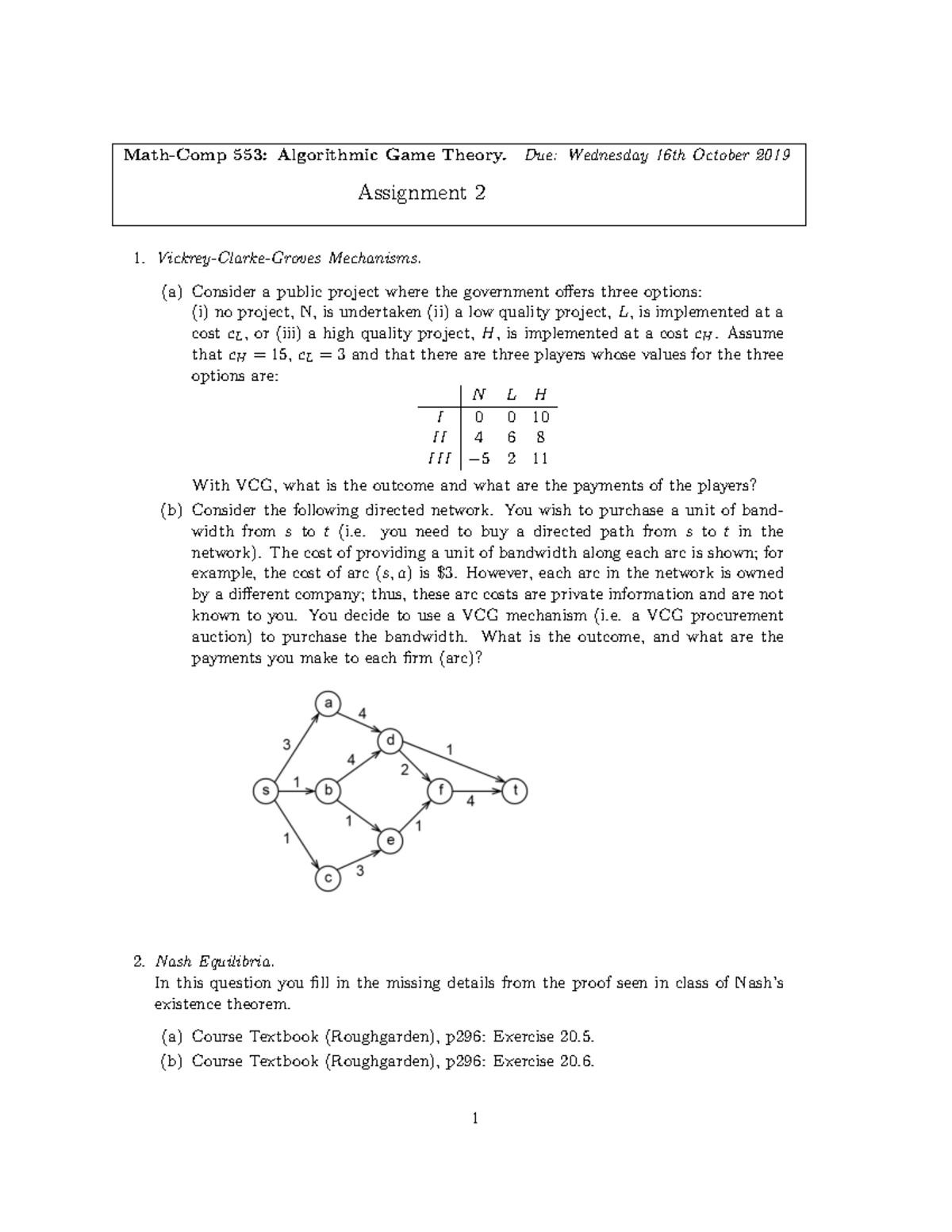 Assignment 2 Math Comp 553 Algorithmic Game Theory Due Wednesday
