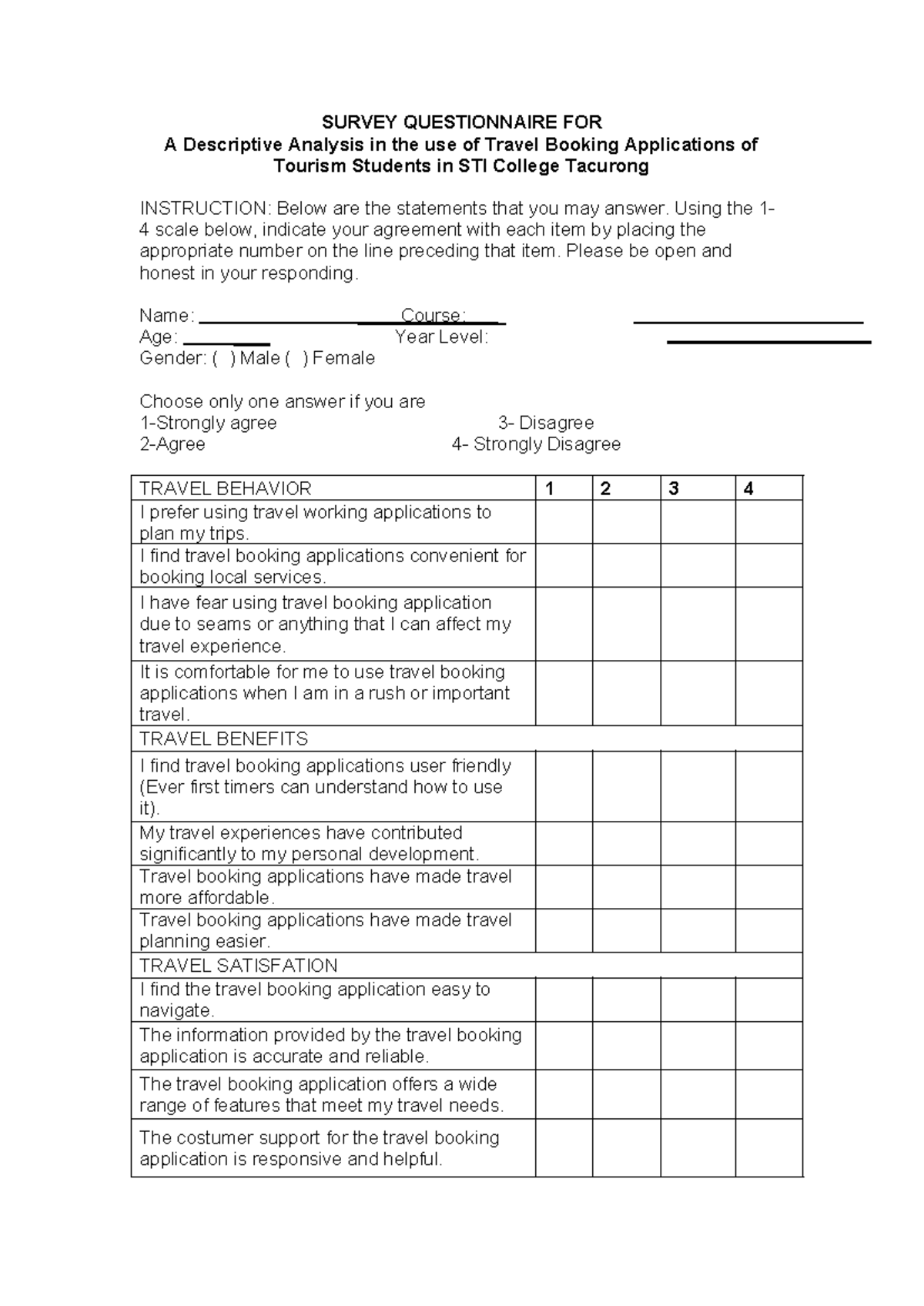 Survey Questionnaire FOR A Descriptive Analysis in - SURVEY ...