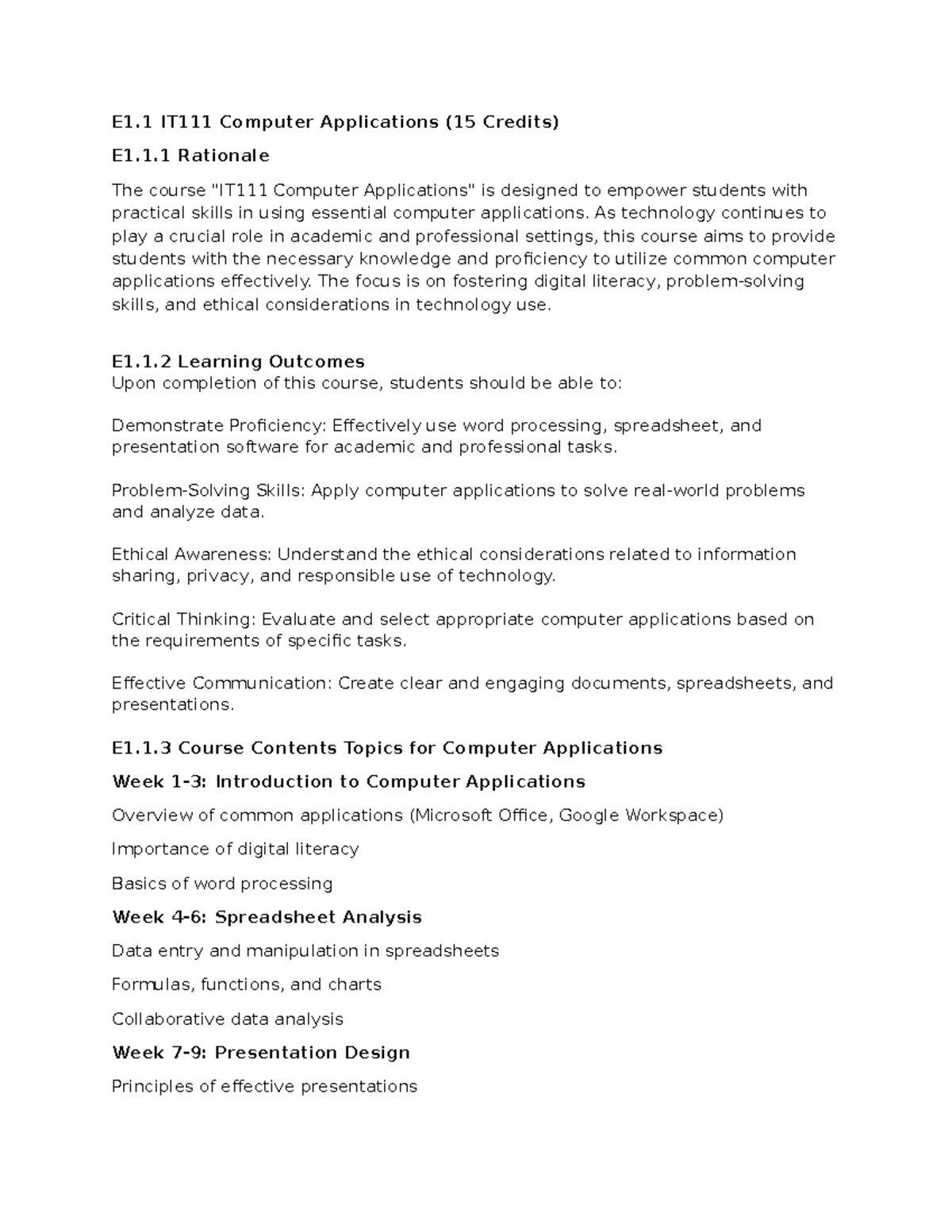 IT111 Computer Aplications module descriptor - E1 IT111 Computer ...