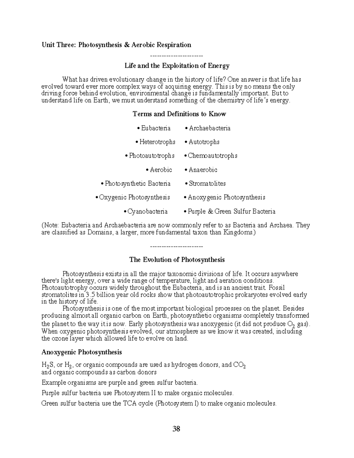 Biology Honors-38 - 38 Unit Three: Photosynthesis & Aerobic Respiration ...