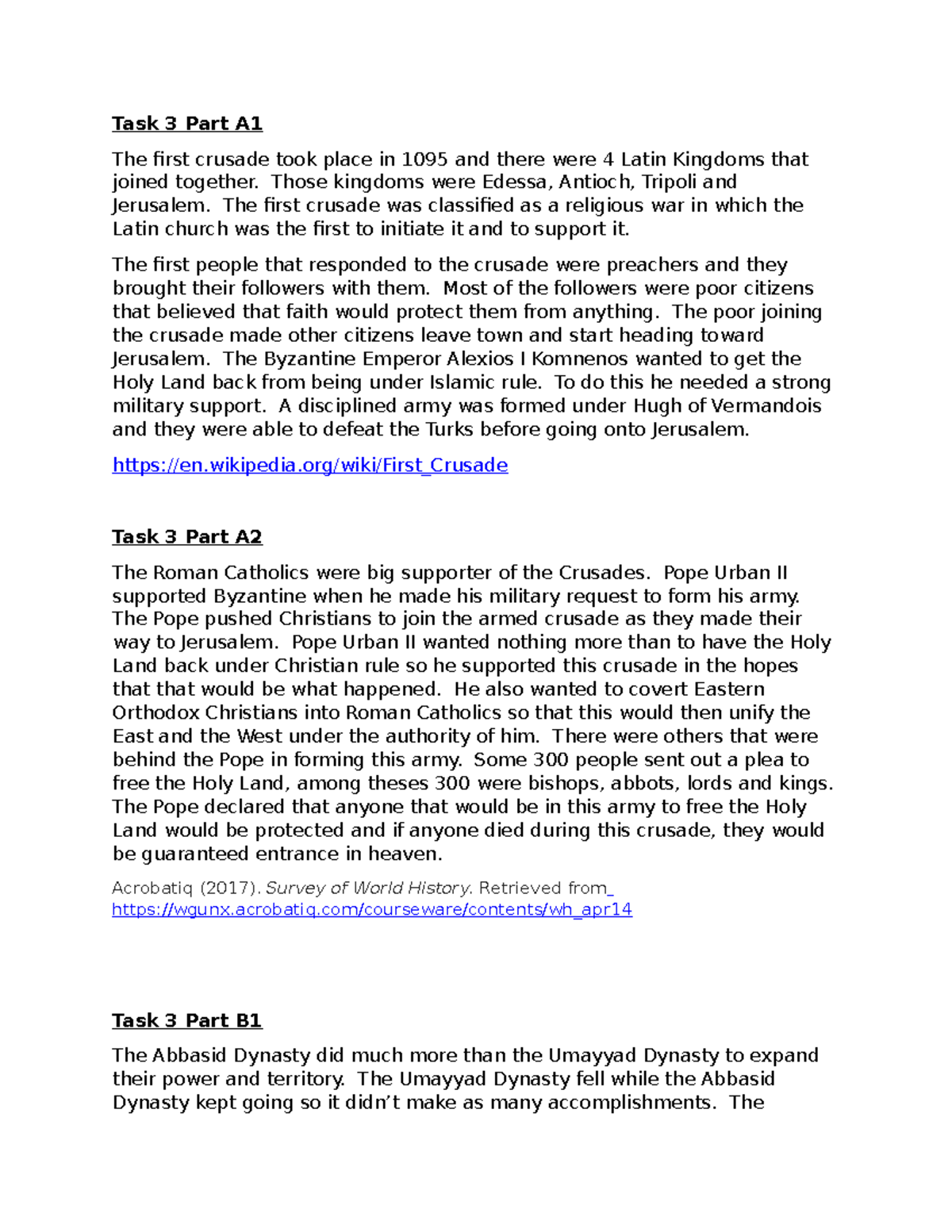 Task 3 Part A1 A2 B1 B2 C World History - Task 3 Part A The first ...