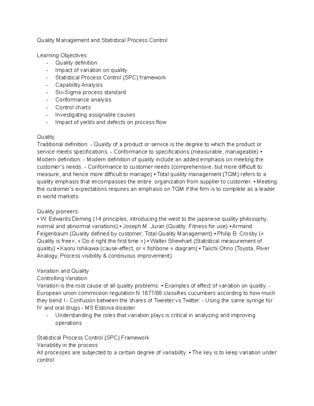 Week 11 - Class notes - Quality Management and Statistical Process ...