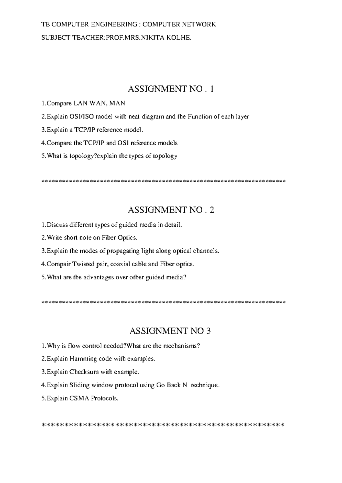 CN Assignment - TE COMPUTER ENGINEERING : COMPUTER NETWORK SUBJECT ...