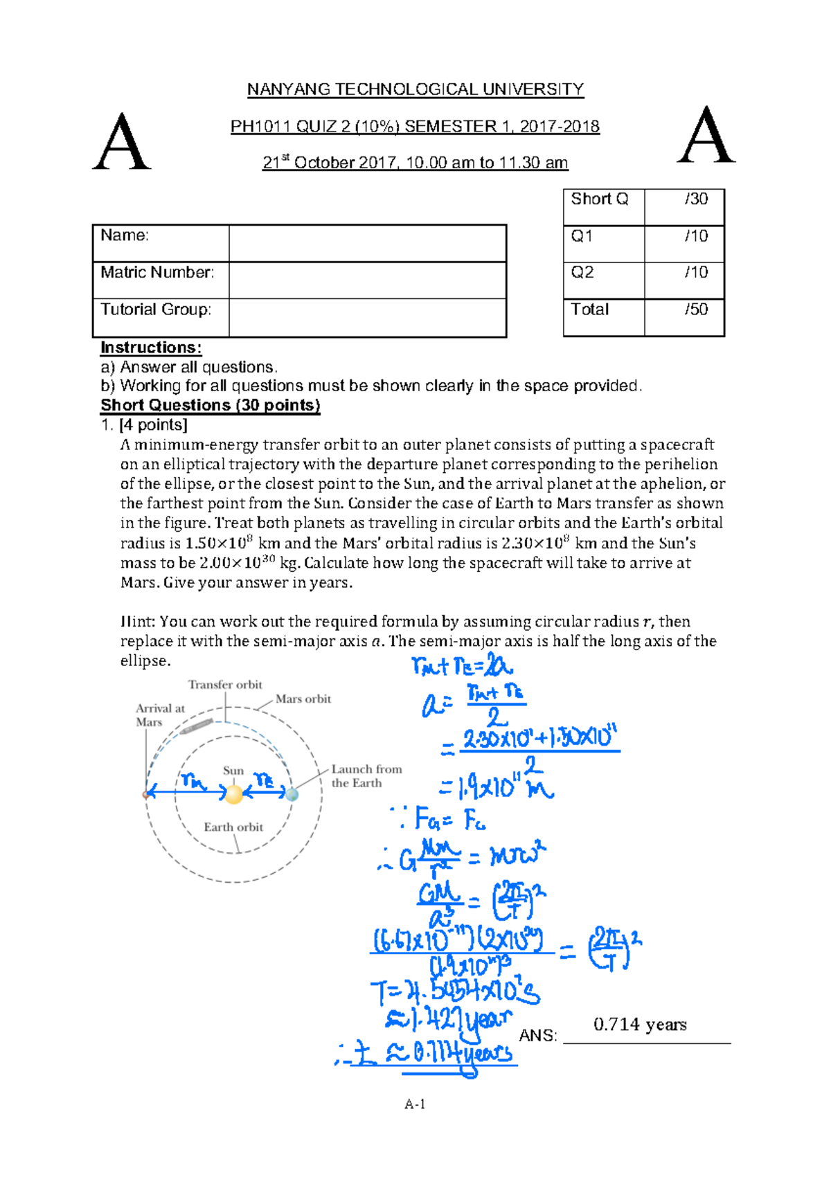 17 18 - last past year. - NANYANG TECHNOLOGICAL UNIVERSITY PH1011 QUIZ ...