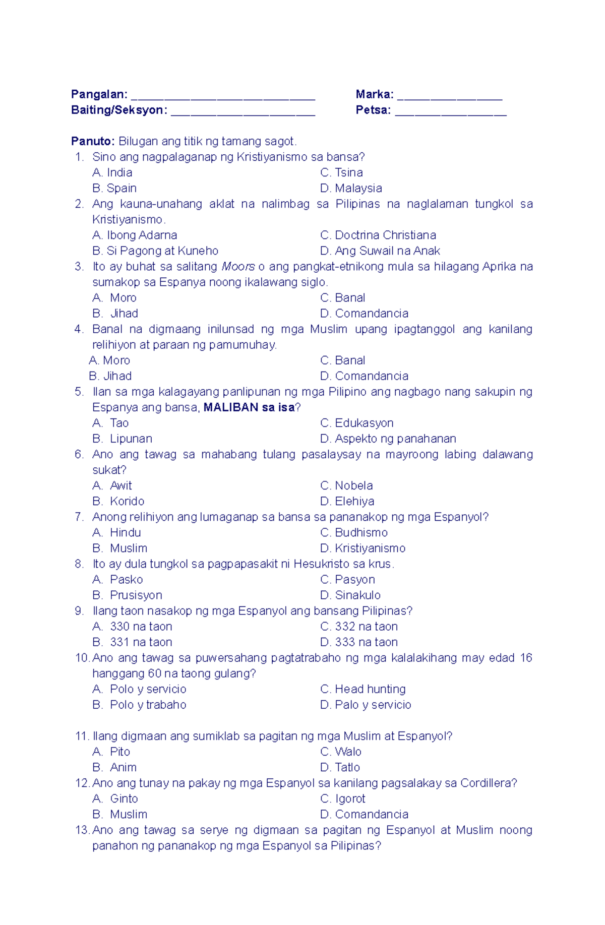 AP - Periodical Exam - Pangalan: ____________________________ Marka ...