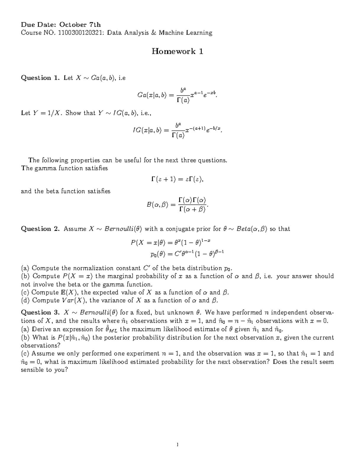 Homework 1 - Due Date: October 7th Course NO. 1100300120321: Data ...