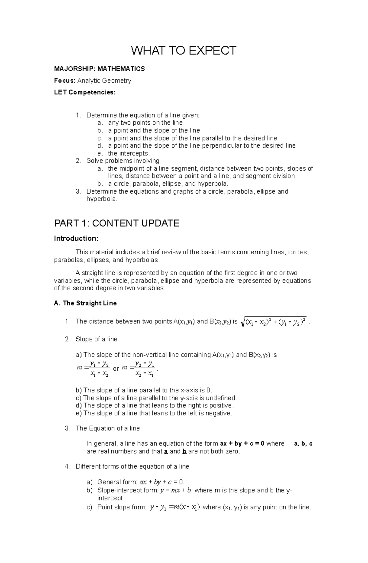 Analytic Geometry - WHAT TO EXPECT MAJORSHIP: MATHEMATICS Focus: Analytic Geometry LET ...