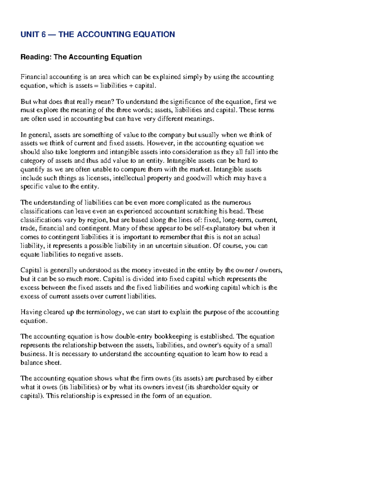 Unit 3-Accounting Equation & Financial statements - UNIT 6 — THE ...