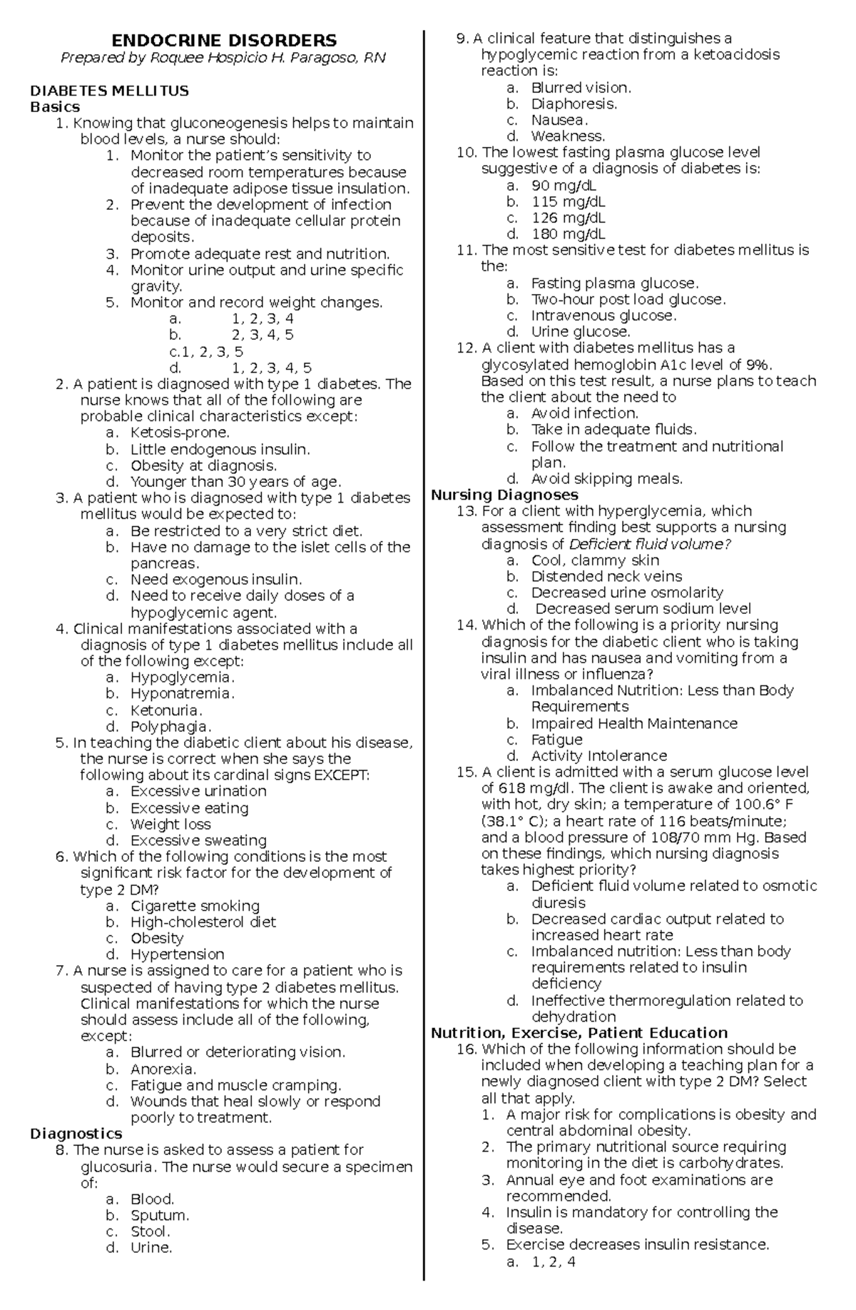 Endocrine Disorders - exam - ENDOCRINE DISORDERS Prepared by Roquee ...