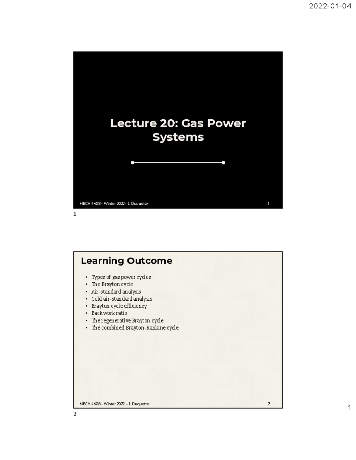 Module 4 Lecture 20 notes - 1 Lecture 20: Gas Power Systems MECH 4408 ...