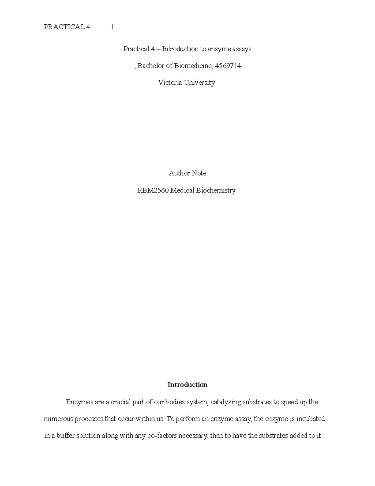 Practical 4 - Lab report - Practical 4 – Introduction to enzyme assays ...