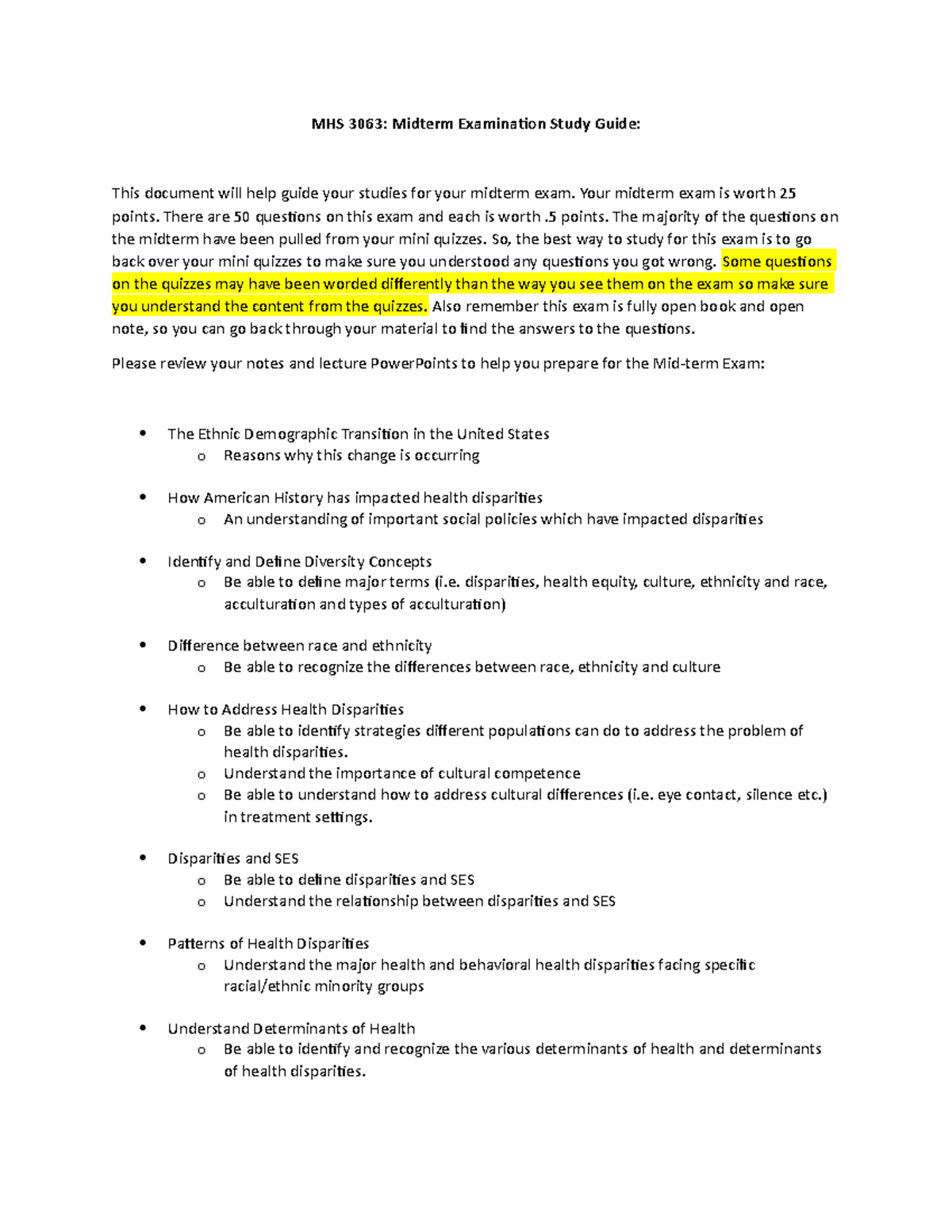 Beh Health Midterm Study Guide - MHS 3063: Midterm Examination Study ...