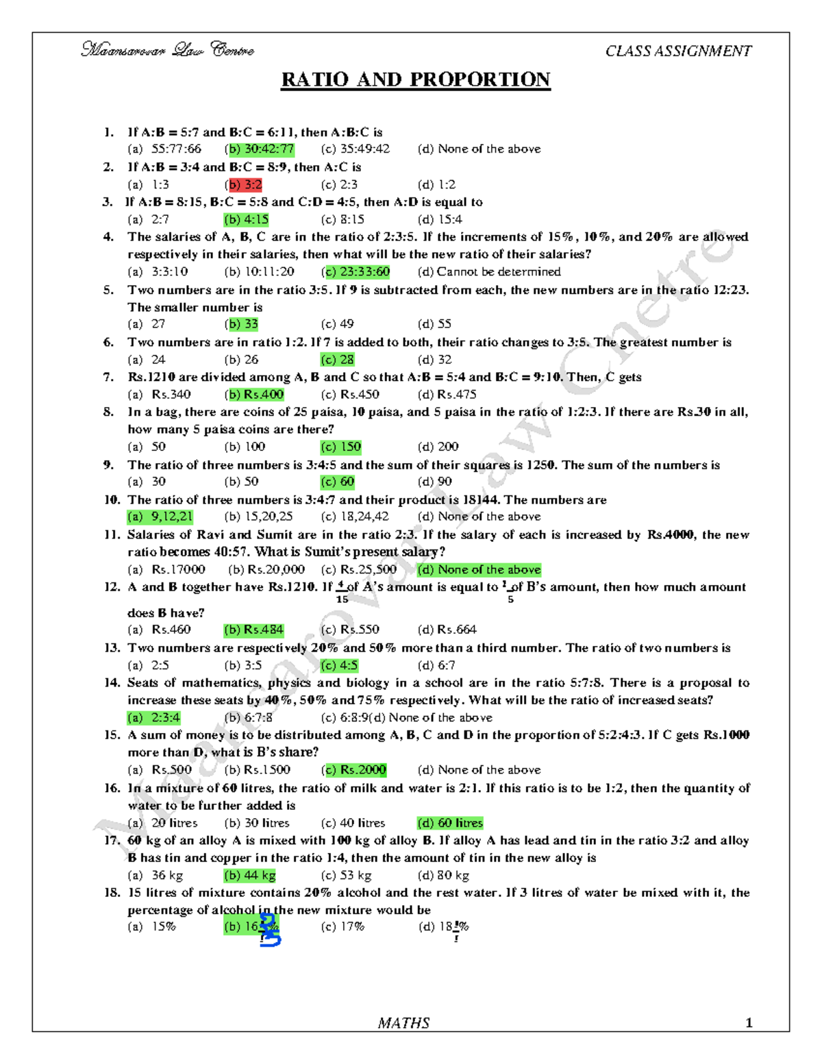 Ratio and proportion - question bank - Maansarovar Law Centre CLASS ASSIGNMENT MATHS 1 RATIO AND ...