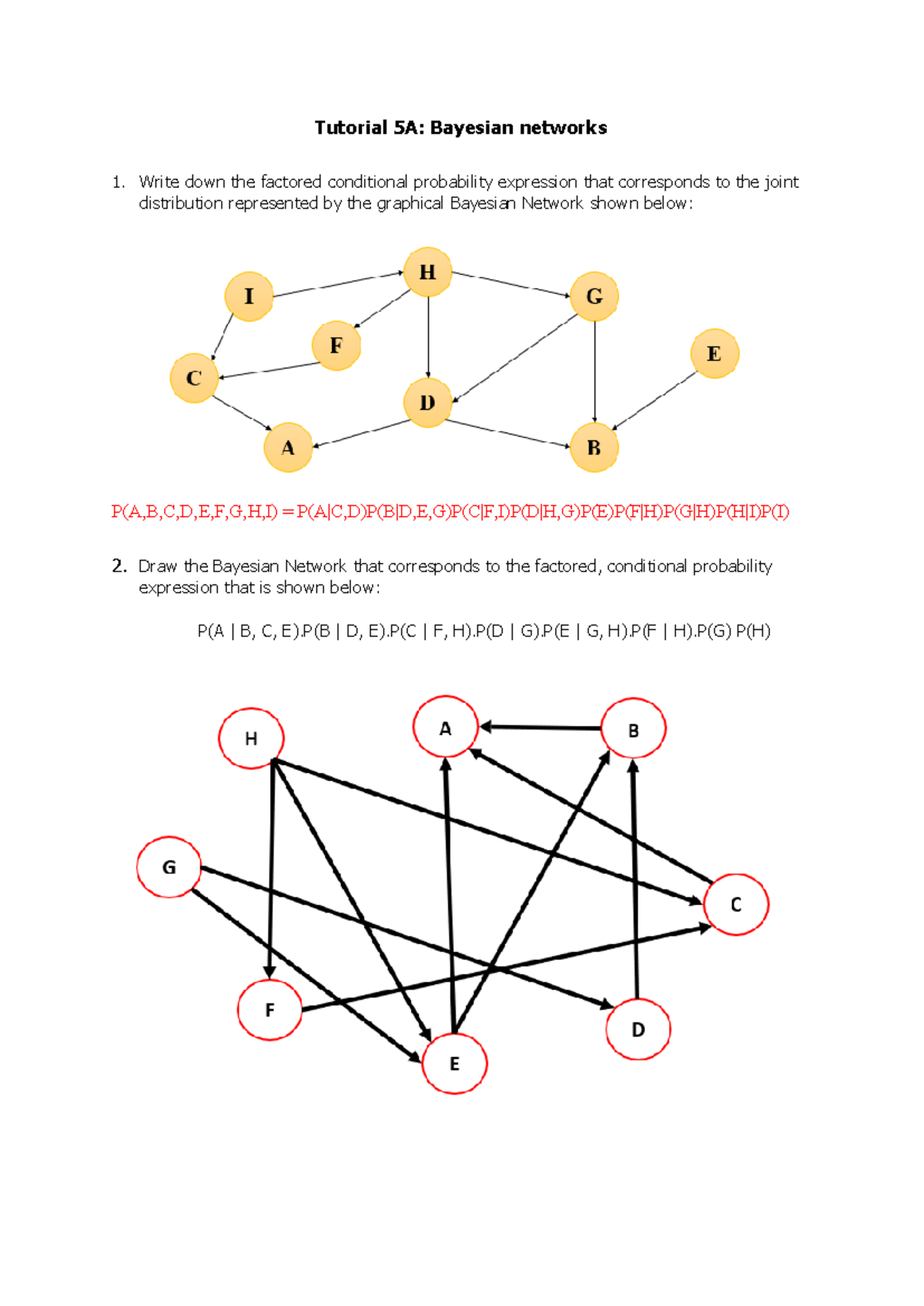 Tutorial 5A Solutions - Tutorial 5A: Bayesian networks 1. Write down the factored conditional ...