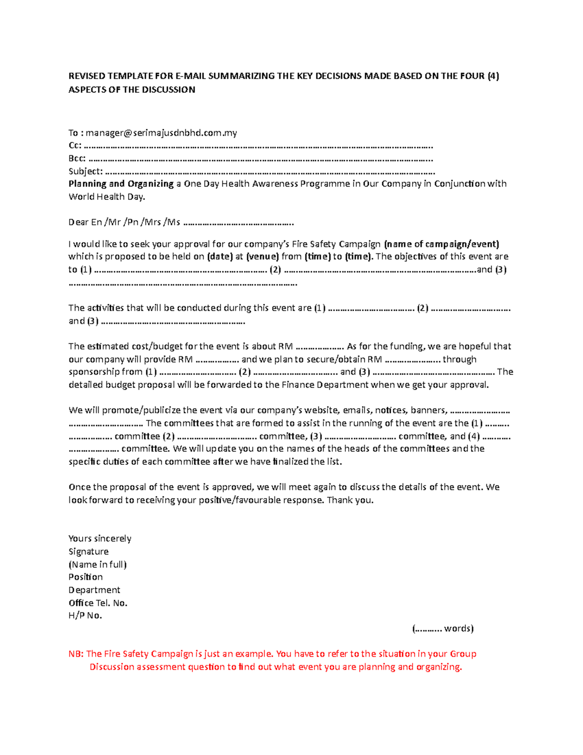 Template for Email Writing - REVISED TEMPLATE FOR E-MAIL SUMMARIZING ...