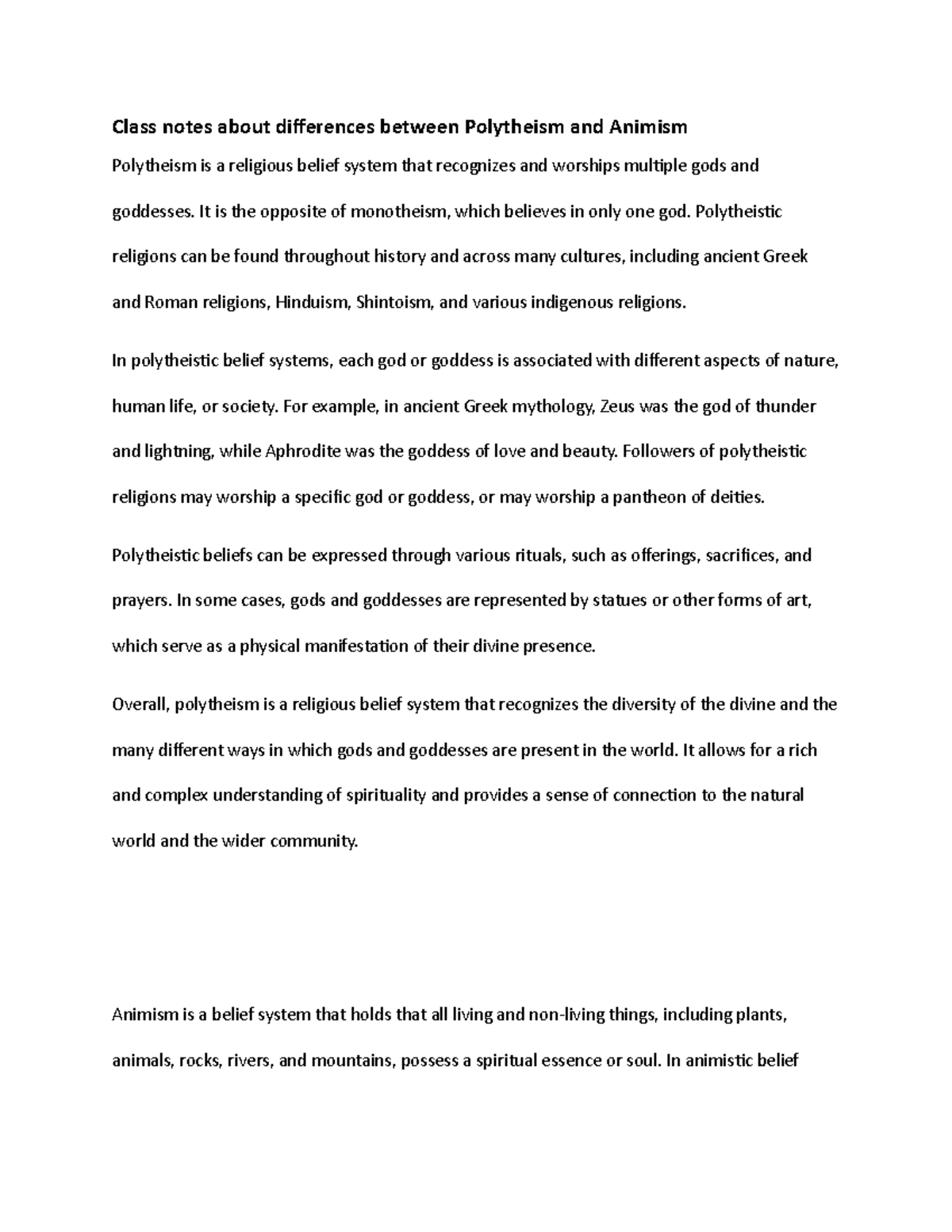 Class notes about differences between Polytheism and Animism - It is ...
