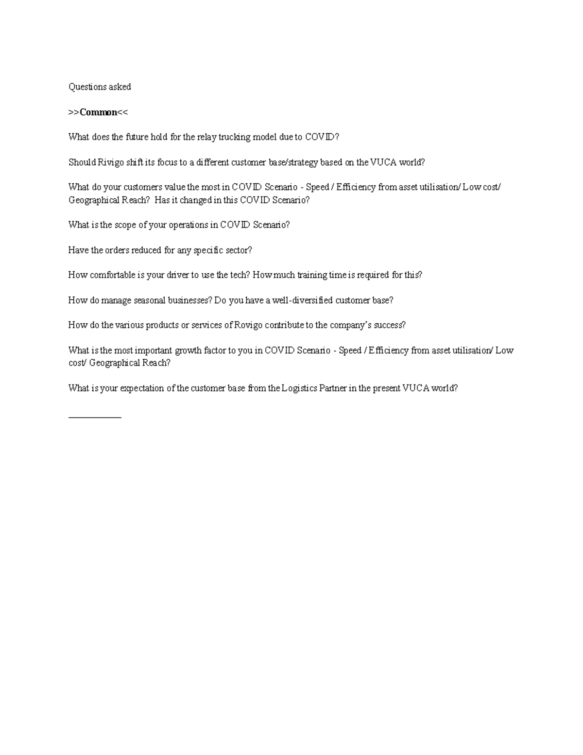 MST- DM 1-Ideation doc - Rivigo Suppliers Case Analysis - Questions asked >>Common