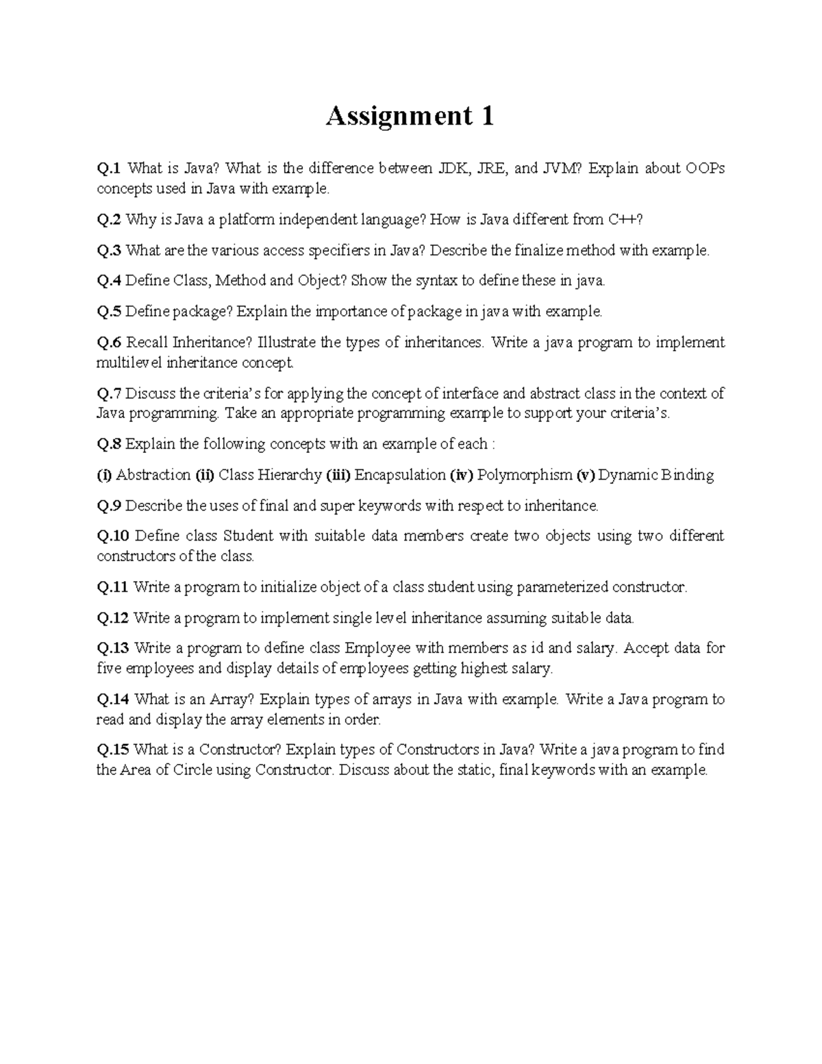 Assignment 1 Java - Assignment 1 Q What is Java? What is the difference between JDK, JRE, and ...