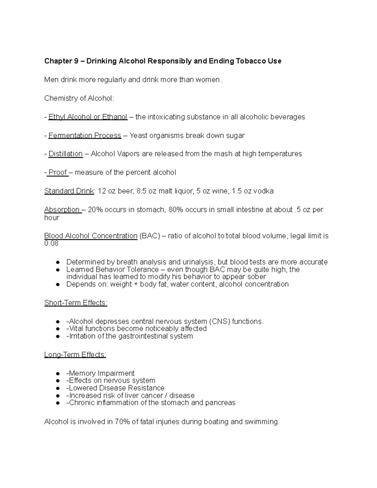 Chapter 9 Health and wellness notes - Chapter 9 – Drinking Alcohol ...