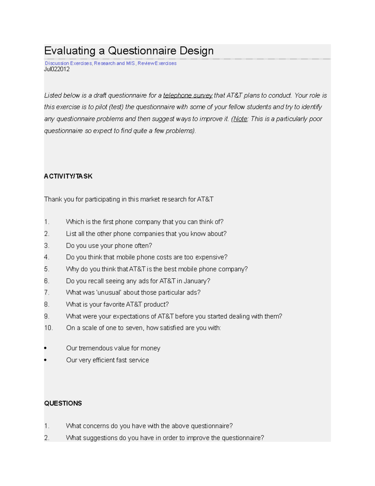 Evaluating a Questionnaire Design Activity - Evaluating a Questionnaire ...