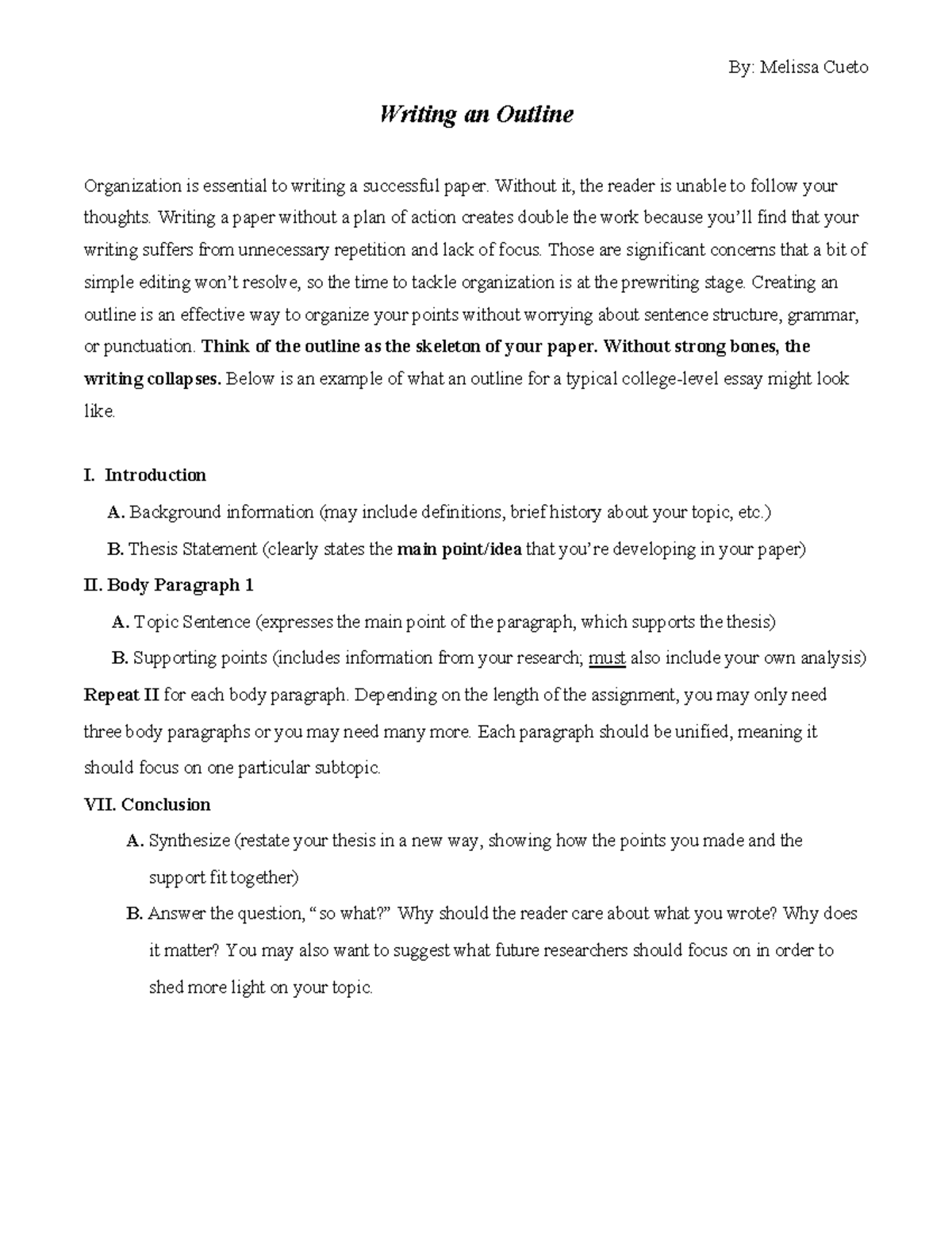 Writing an Outline - PSYC 160 - By: Melissa Cueto Writing an Outline ...