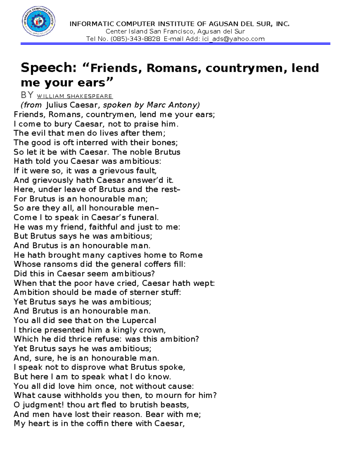 English CLUB - For guide - INFORMATIC COMPUTER INSTITUTE OF AGUSAN DEL ...