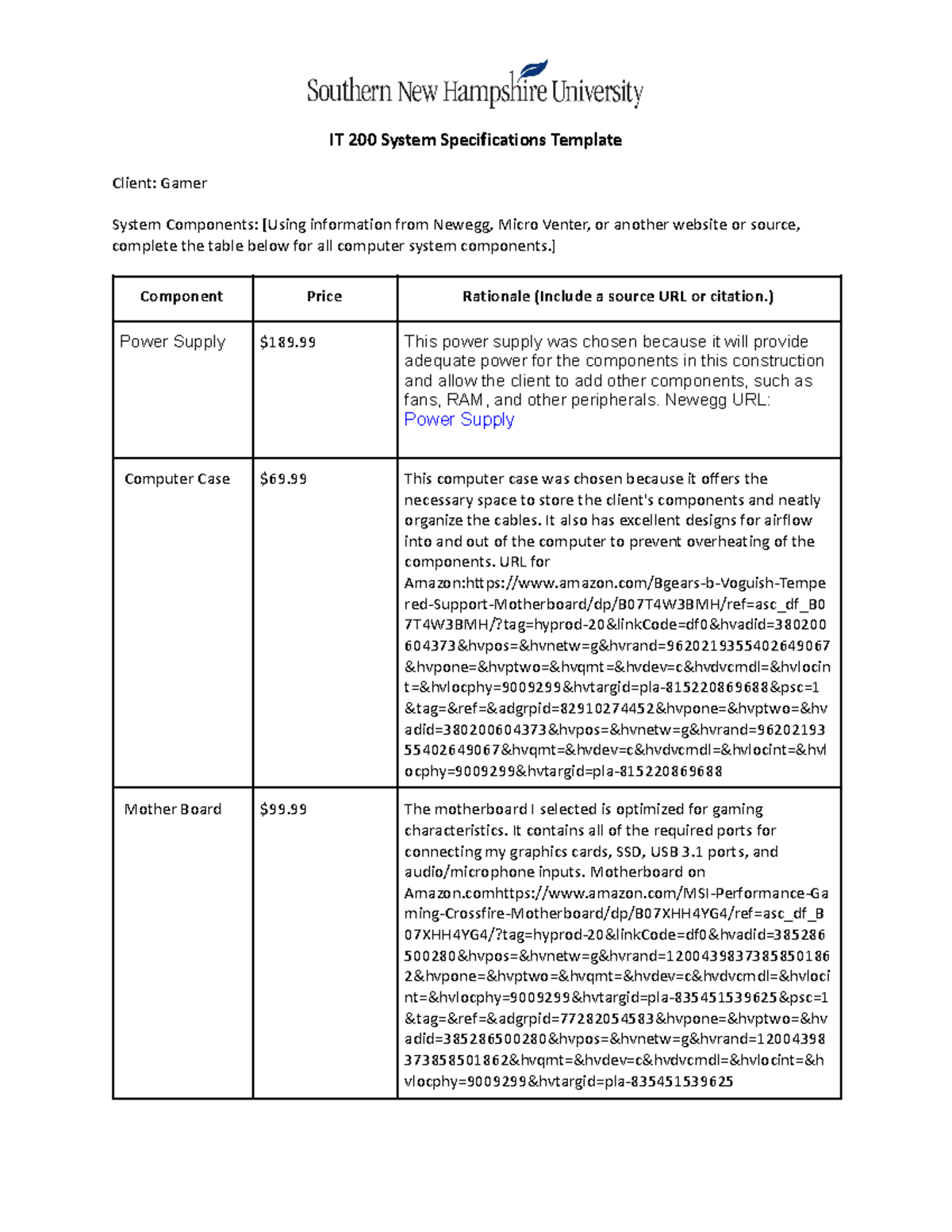 2-1 Activity Constructing a Computer System - IT 200 System Specifications Template Client ...